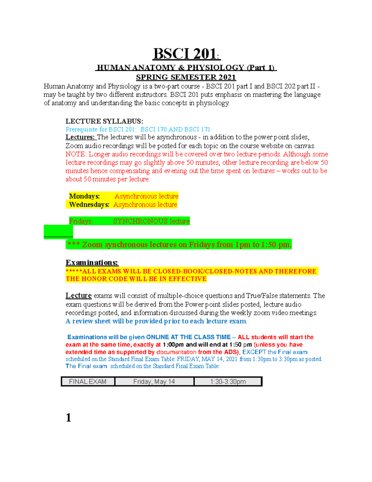 BSCI 201 Syllabus Spring Semester 2021 - BSCI 201 : HUMAN ANATOMY ...