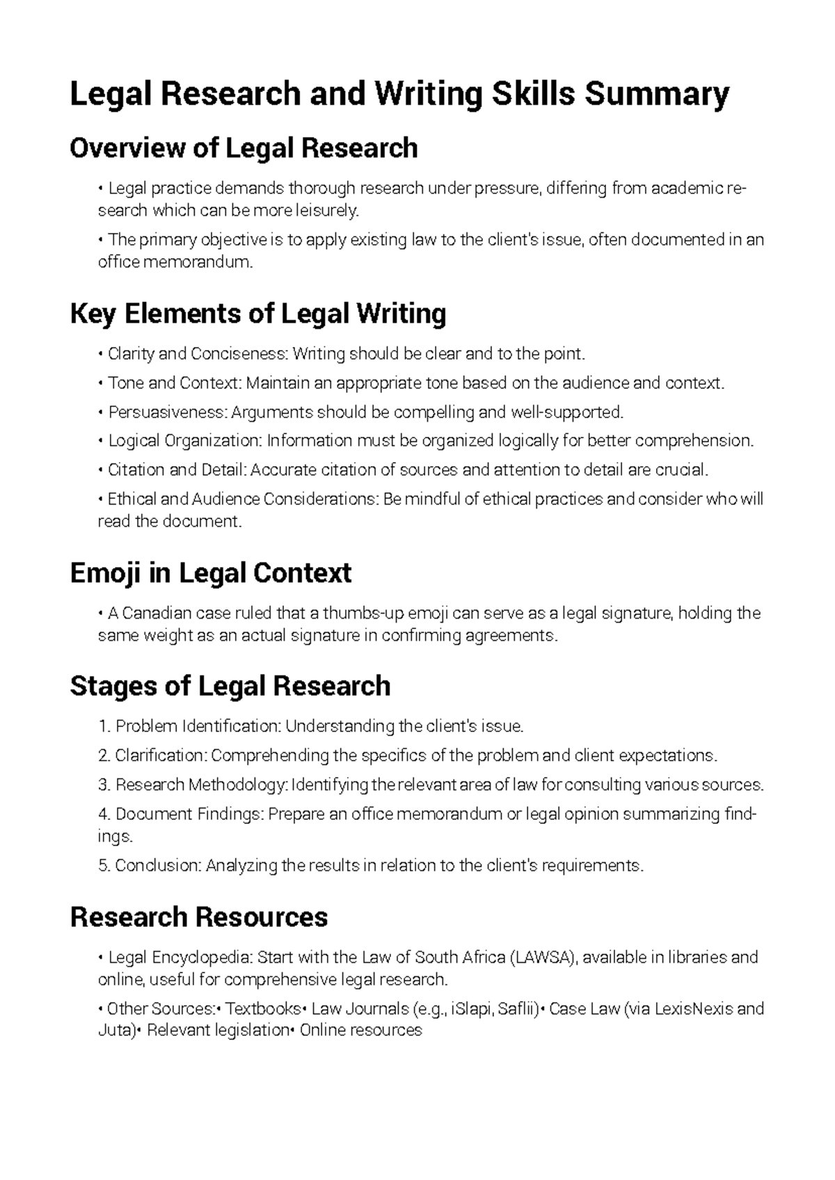 unit 3A sem test - Legal Research and Writing Skills Summary Overview ...