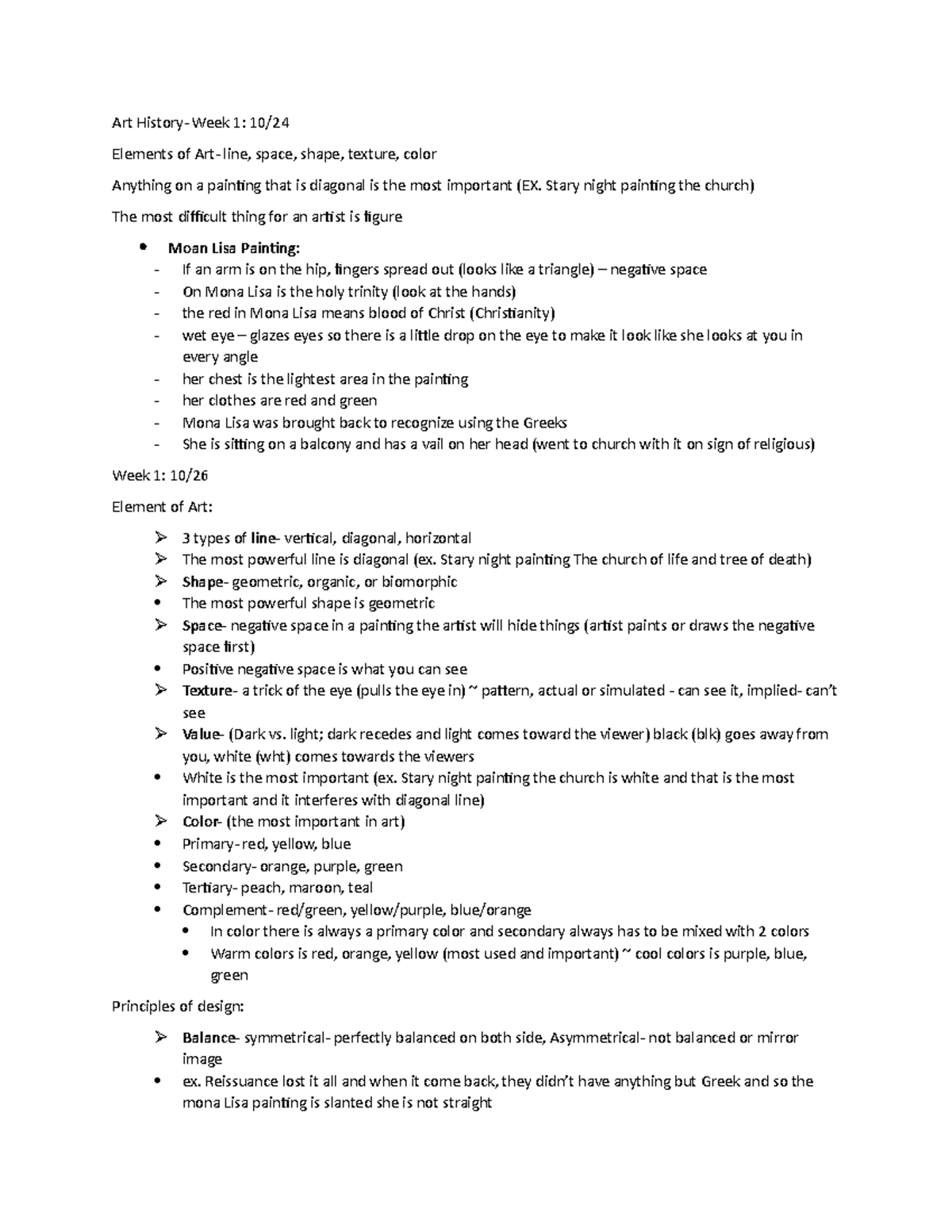 Art history notes - prof hext - Art History- Week 1: 10/ Elements of ...