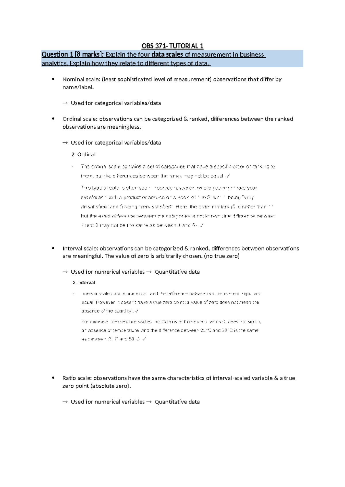 OBS 371- Tutorial 1 - tut - OBS 371- TUTORIAL 1 Question 1 [8 marks]: Explain the four data ...