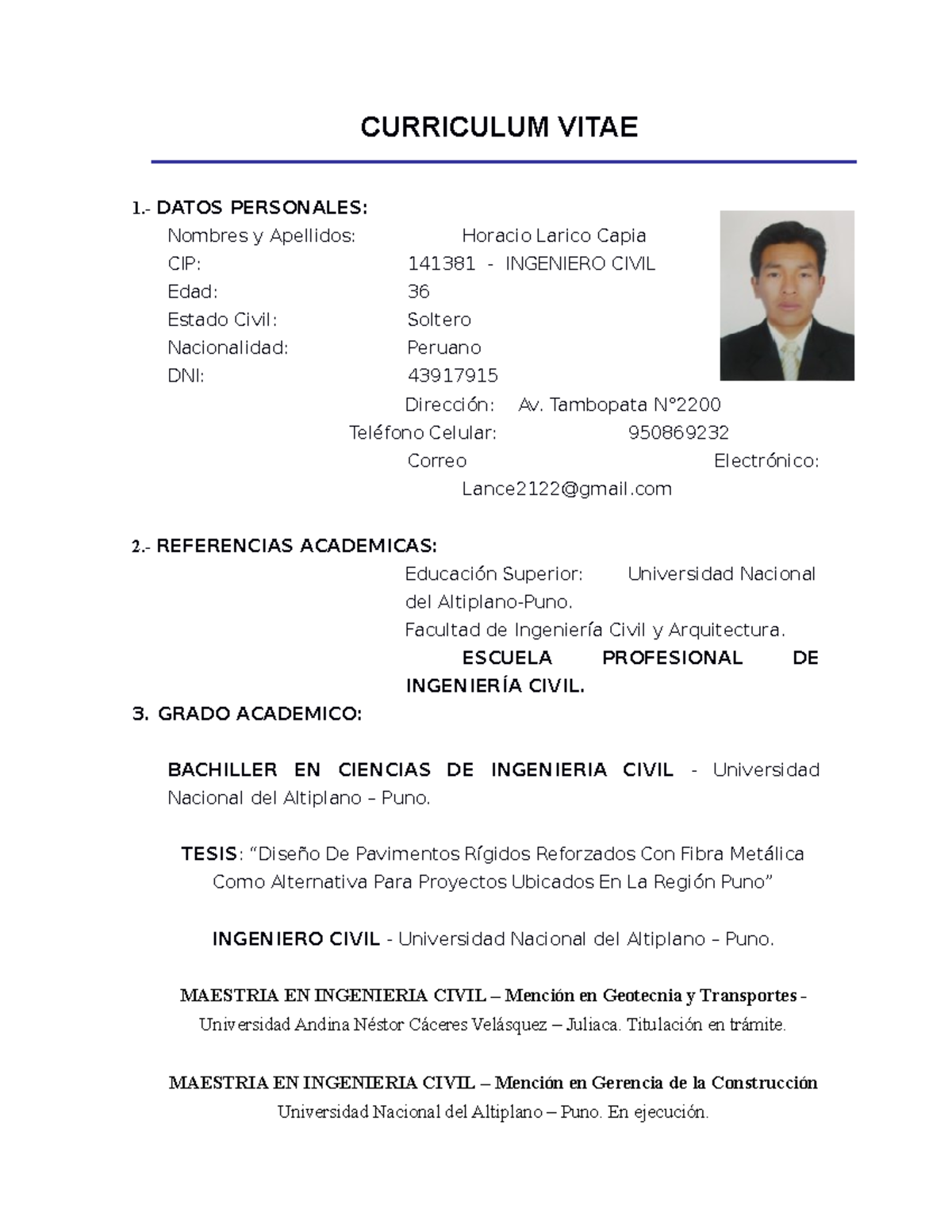 Curriculum Lanc3 - EEEEECD - CURRICULUM VITAE 1.- DATOS PERSONALES: Nombres y Apellidos: Horacio ...