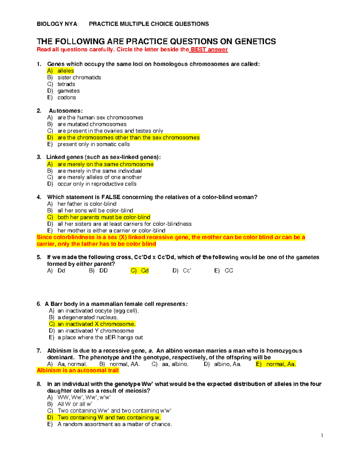 49 - NYA Practice Genetics answers - BIOLOGY NYA : PRACTICE MULTIPLE ...