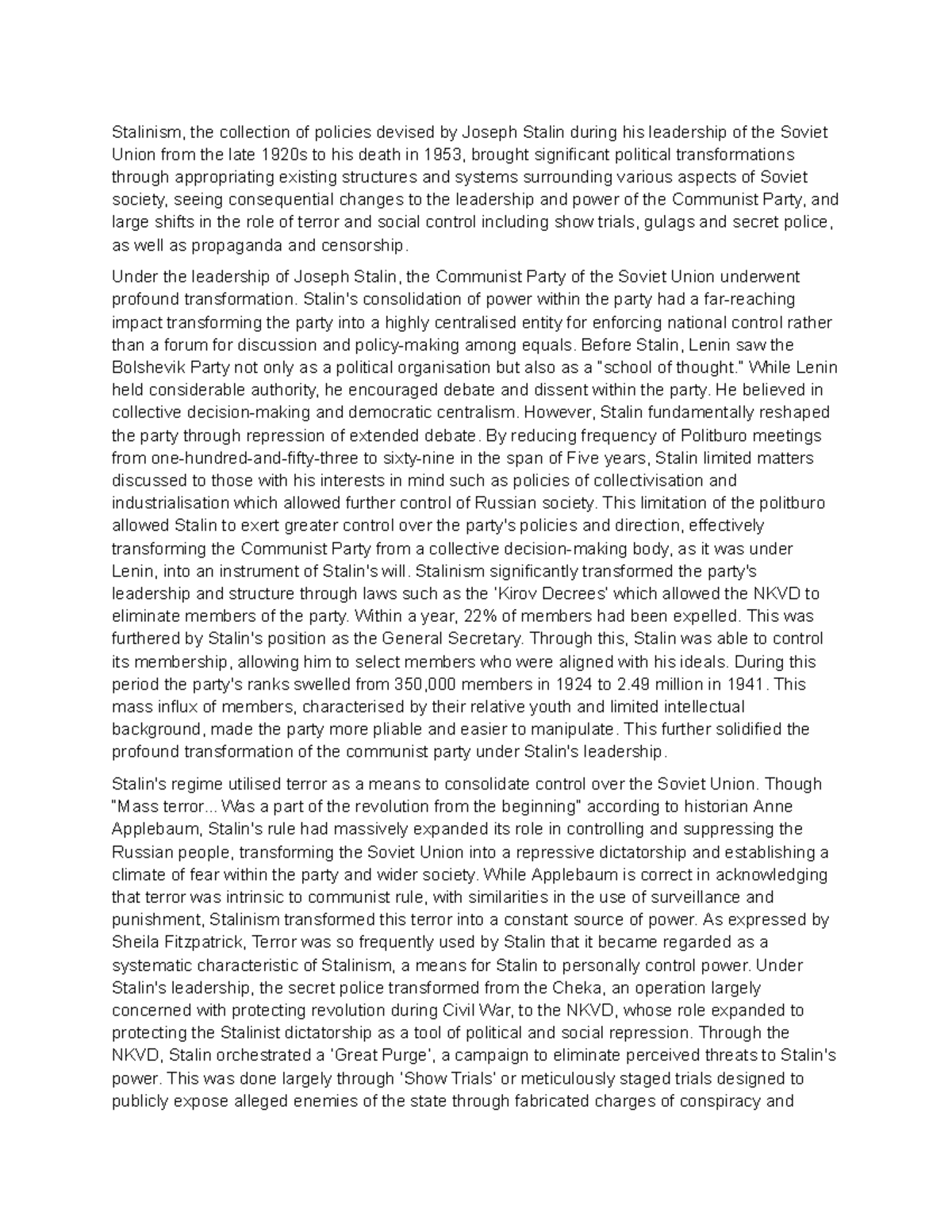 History T2 - Stalin essay on political transformation through terror ...