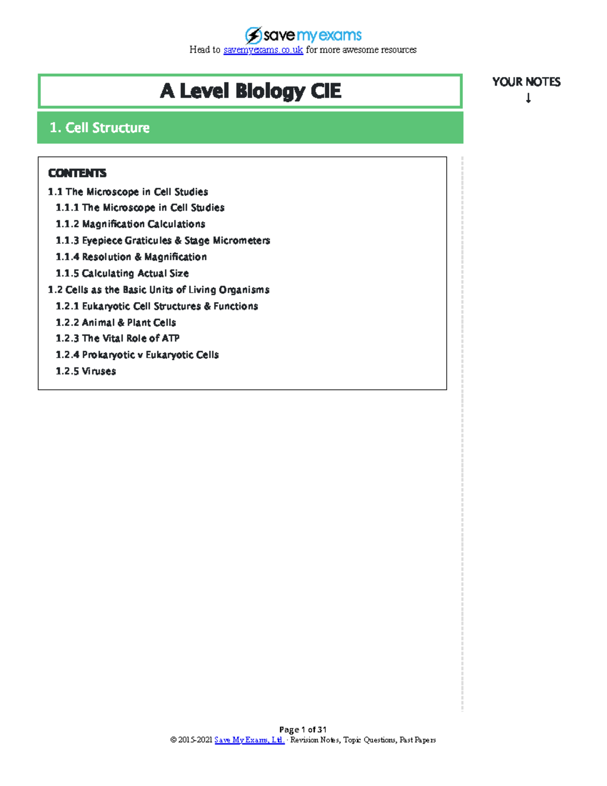 Cell organelles 9700 - Page 1 of 31 A Level Biology CIE 1. Cel l Str ...