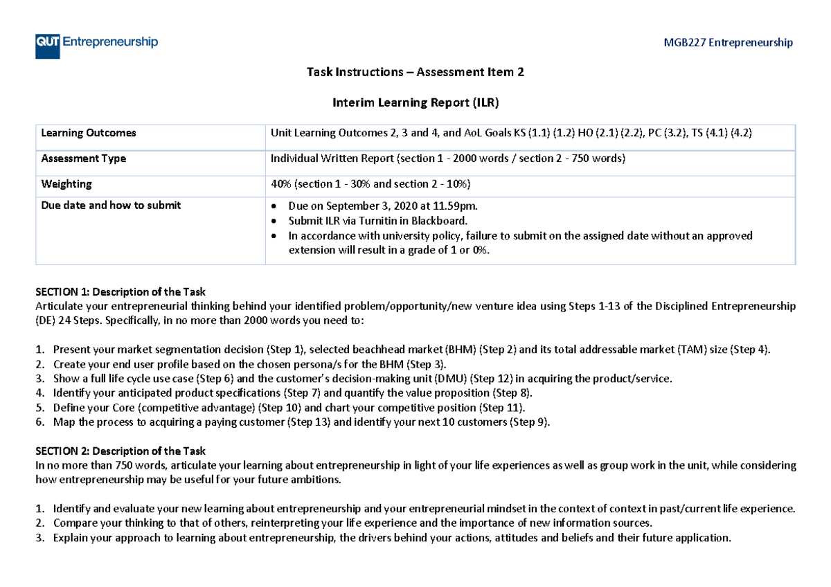 Assessment 2 Interim Learning Report Task Instructions and CRA ...