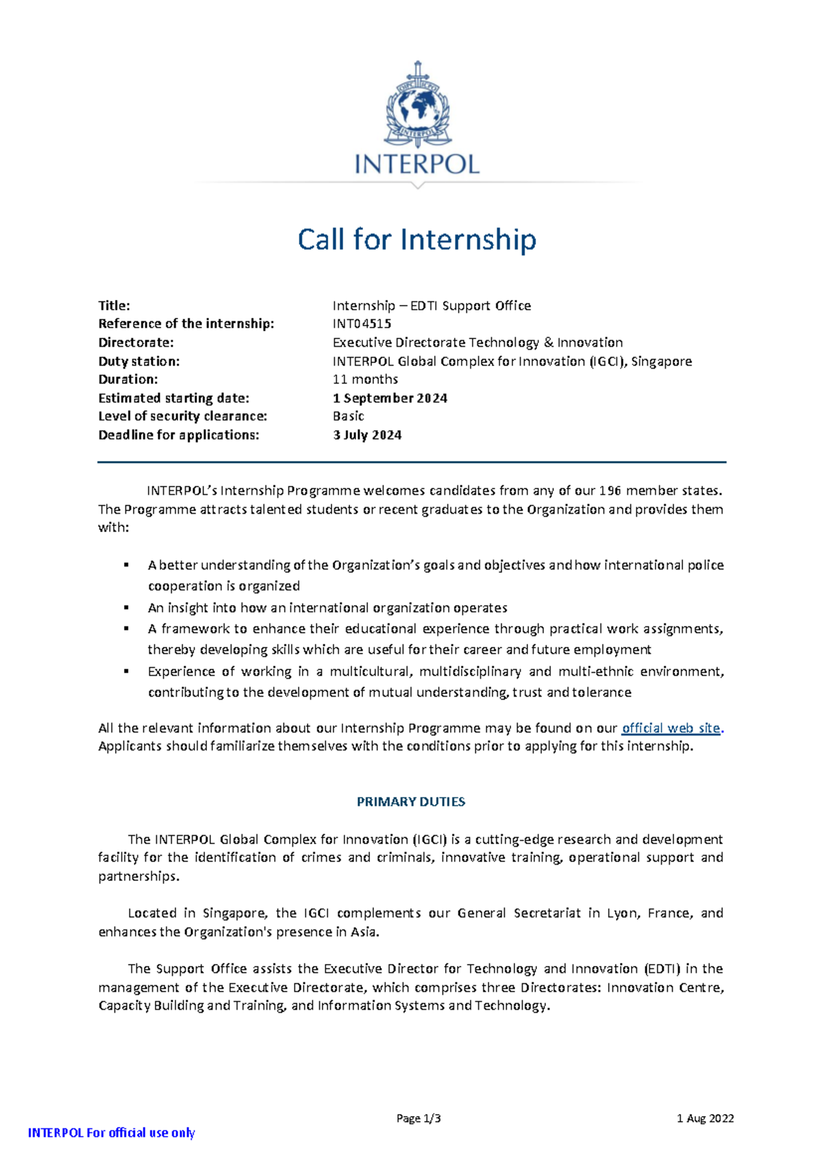 Call for Internship INT04515 EDTO-SO - Page 1 / 3 1 Aug 2022 INTERPOL ...