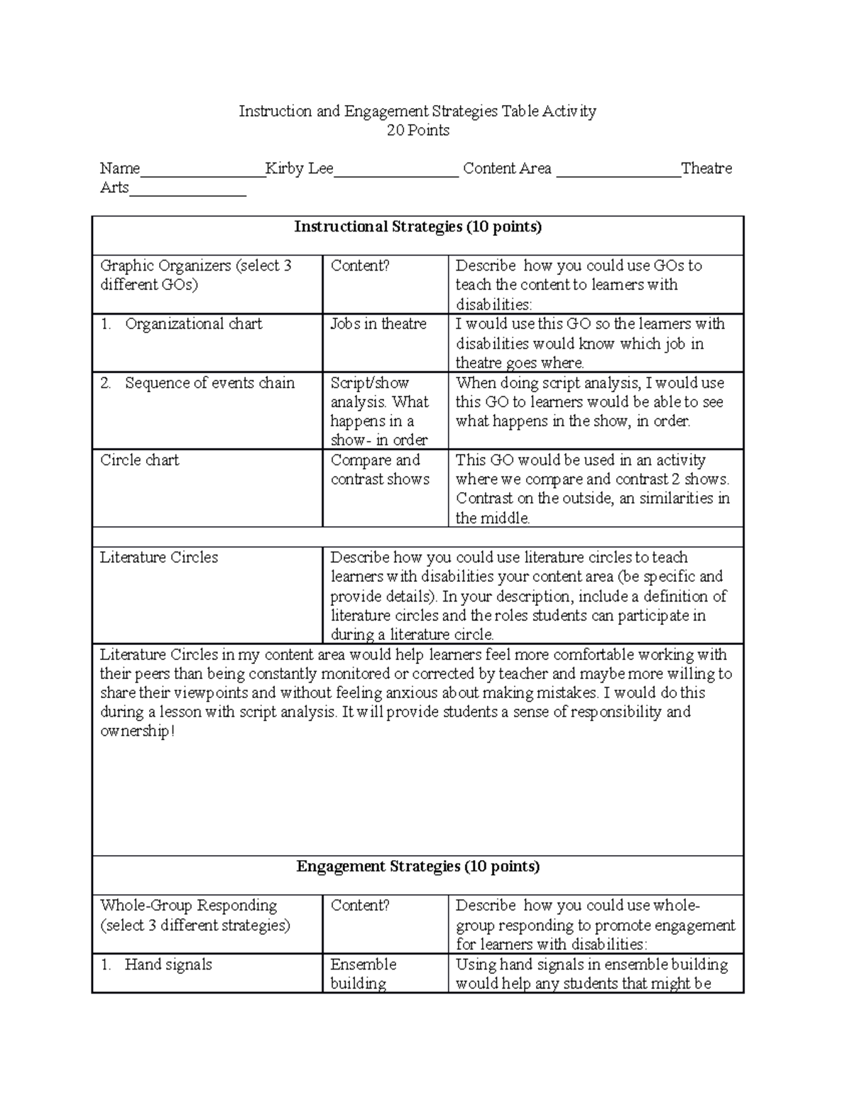 Instruction and Engagement Table Activity - Instruction and Engagement ...