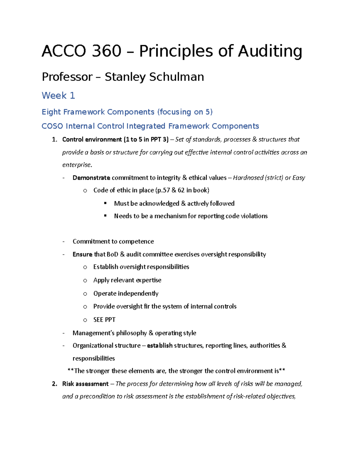 ACCO 360 Notes - ACCO 360 – Principles of Auditing Professor – Stanley ...