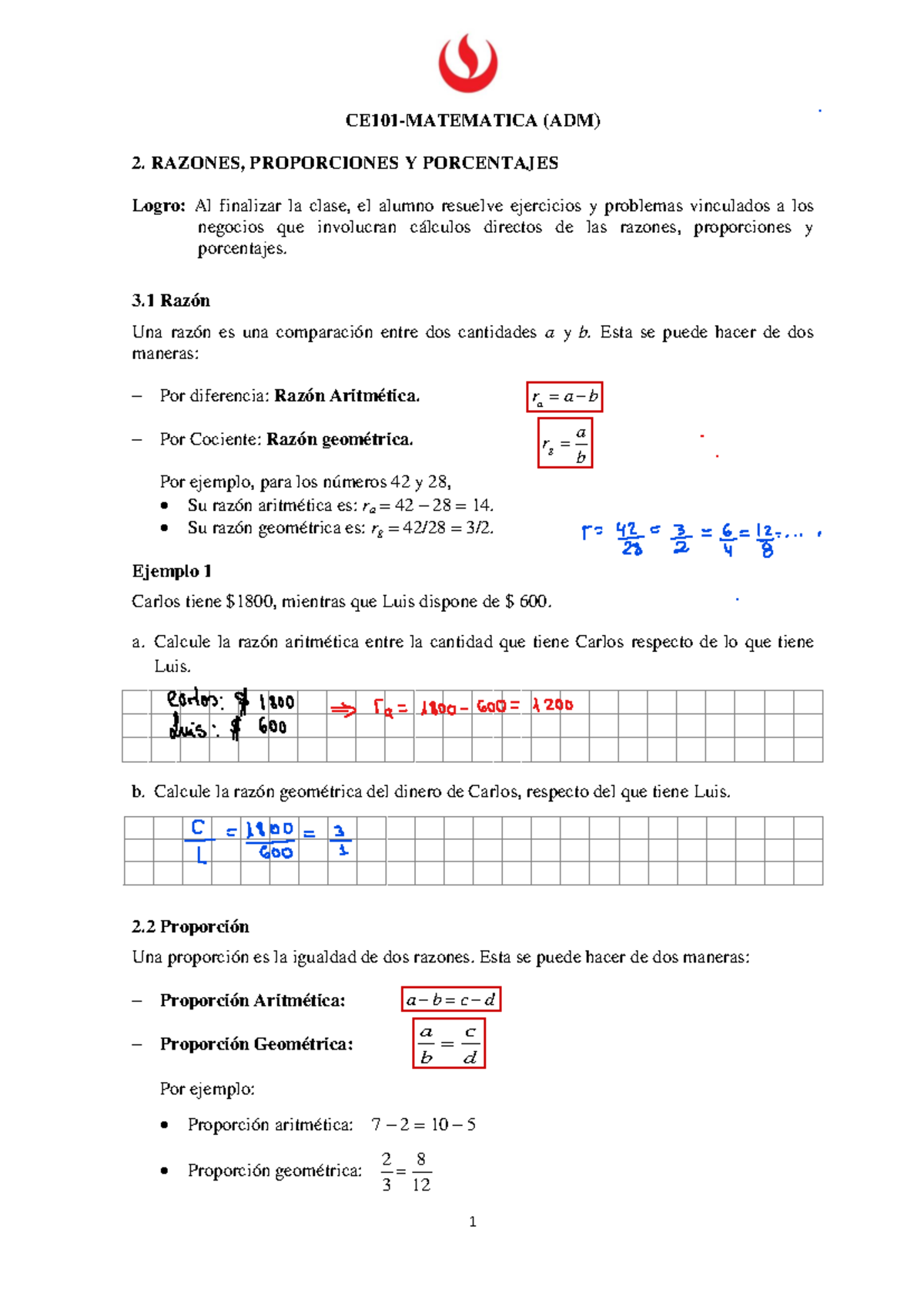 CE101 EPE Razones y Proporciones. Porcentajes - CE101-MATEMATICA (ADM ...
