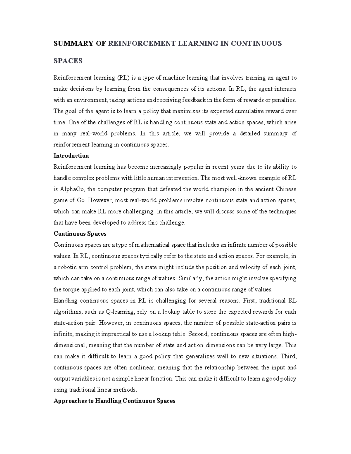 Summary Of Reinforcement Learning In Continuous Spaces Summary Of Reinforcement Learning In