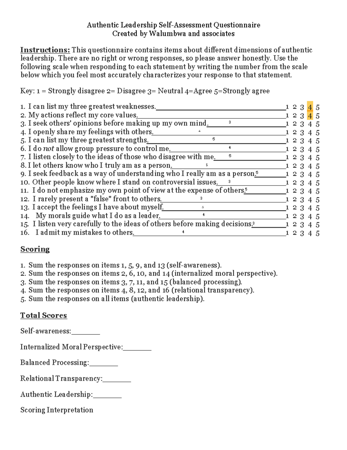 Authentic leadership questionnaire 1 - Authentic Leadership Self ...