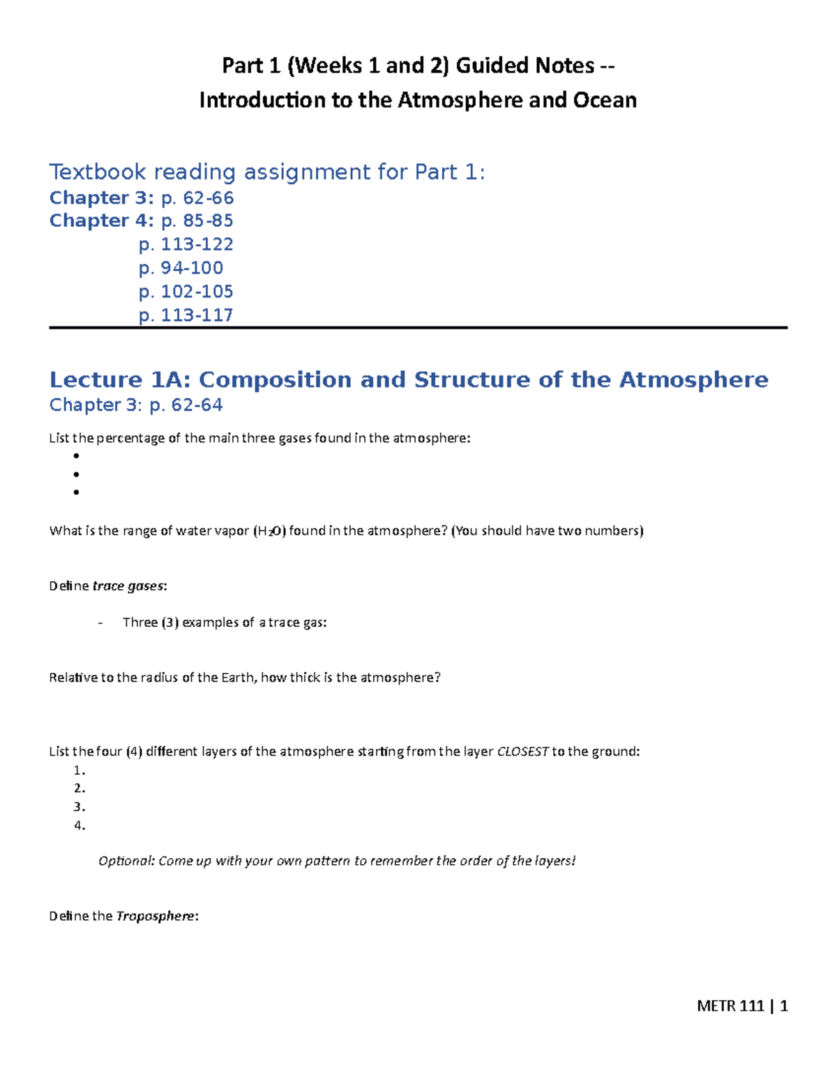 Unit 1 Guided Notes Part 1 - Introduction to the Atmosphere and Ocean ...
