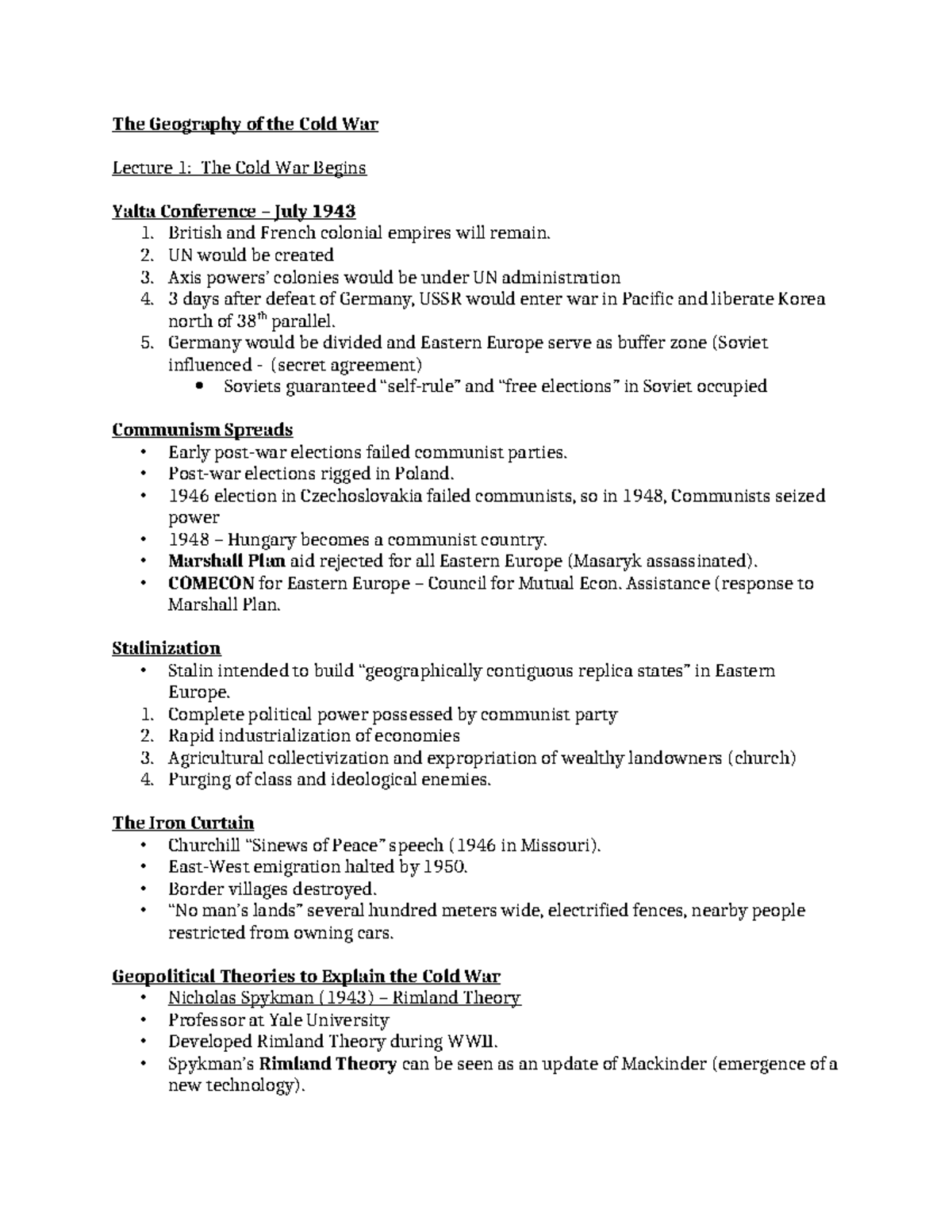 9 - Cold War - Lecture Notes. - The Geography of the Cold War Lecture 1 ...