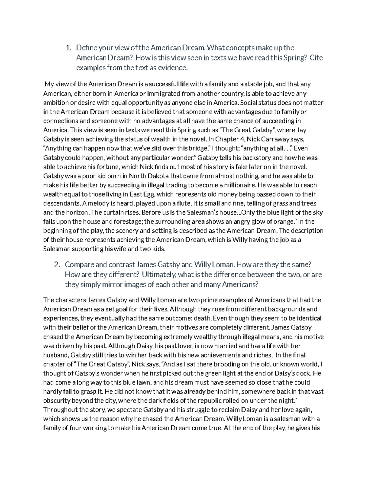 English Final Exam Essay Questions - 1. Deûne your view of the American ...