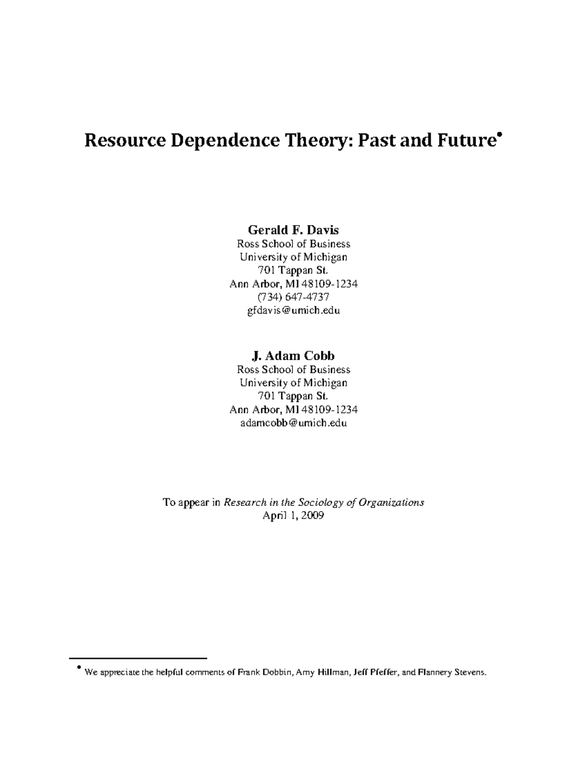 Davis cobb 09 RSO - Paper related to the class - Resource Dependence ...