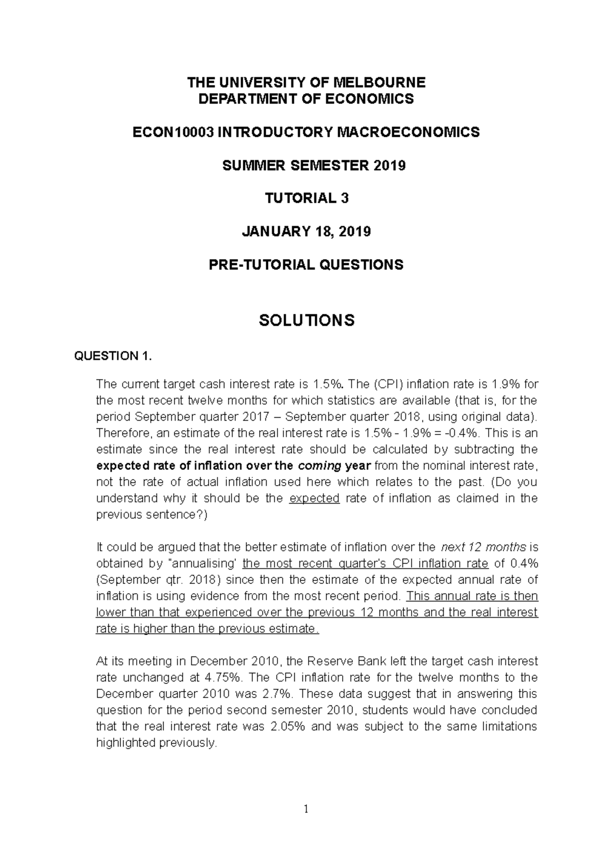 Pre-Tutorial Sheet 3 Solutions - THE UNIVERSITY OF MELBOURNE DEPARTMENT ...
