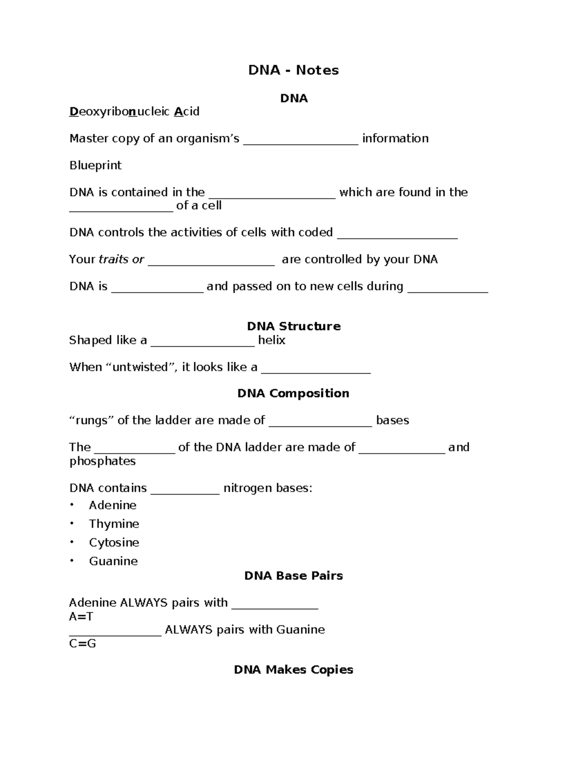 DNA Fill In Notes - Summary Maths 55 - DNA - Notes DNA Deoxyribonucleic ...