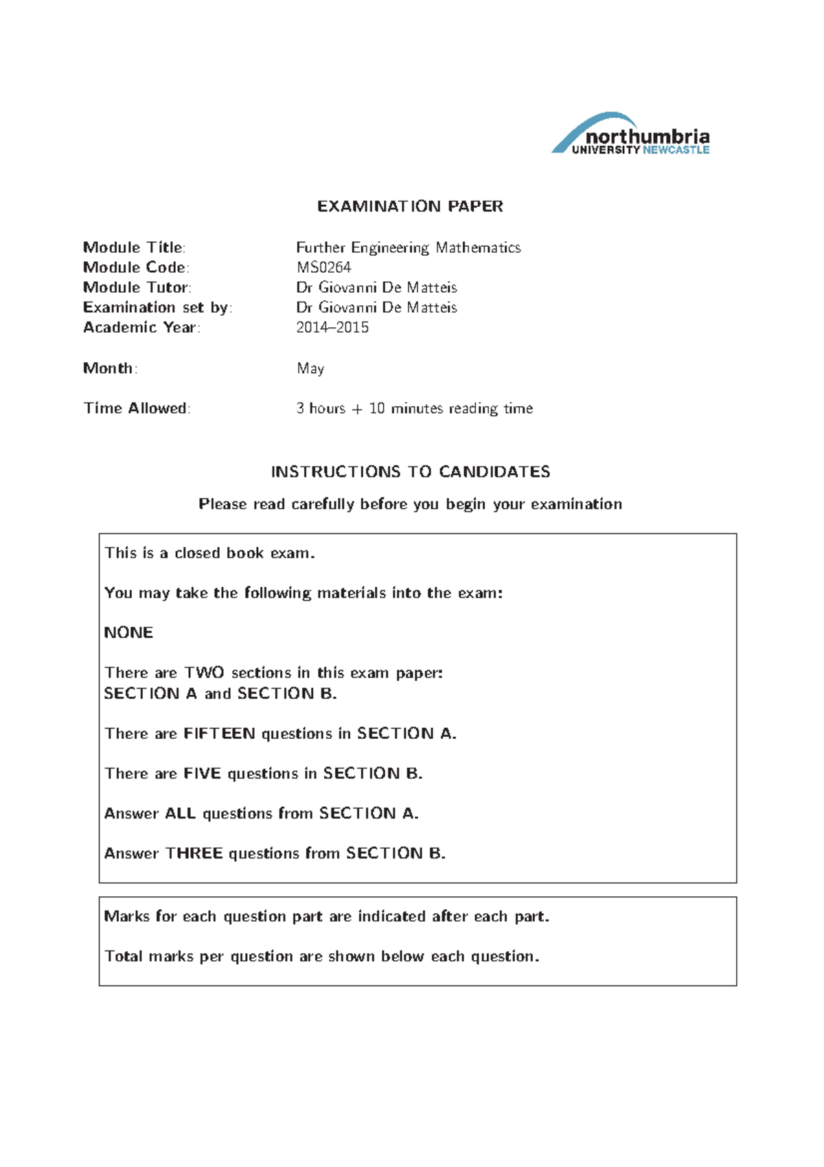 Exam 2015, questions - EXAMINATION PAPER Module Title: Module Code ...