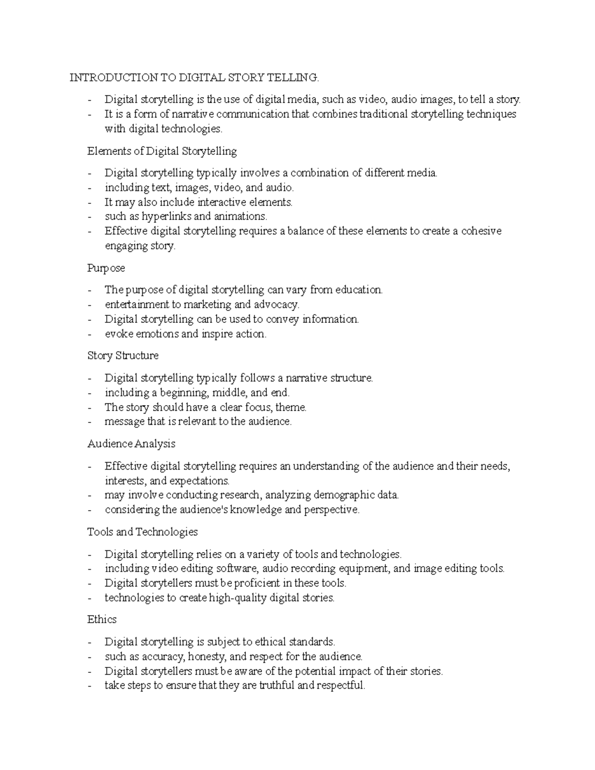 Introduction TO Digital Story Telling Notes 1 - INTRODUCTION TO DIGITAL ...