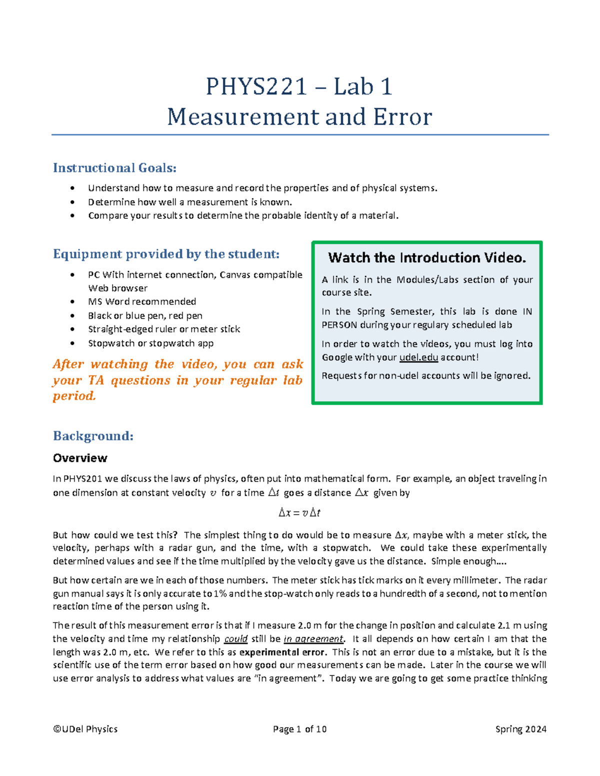 1 - Introduction to Measurement and Error - ©UDel Physics Page 1 of 10 ...