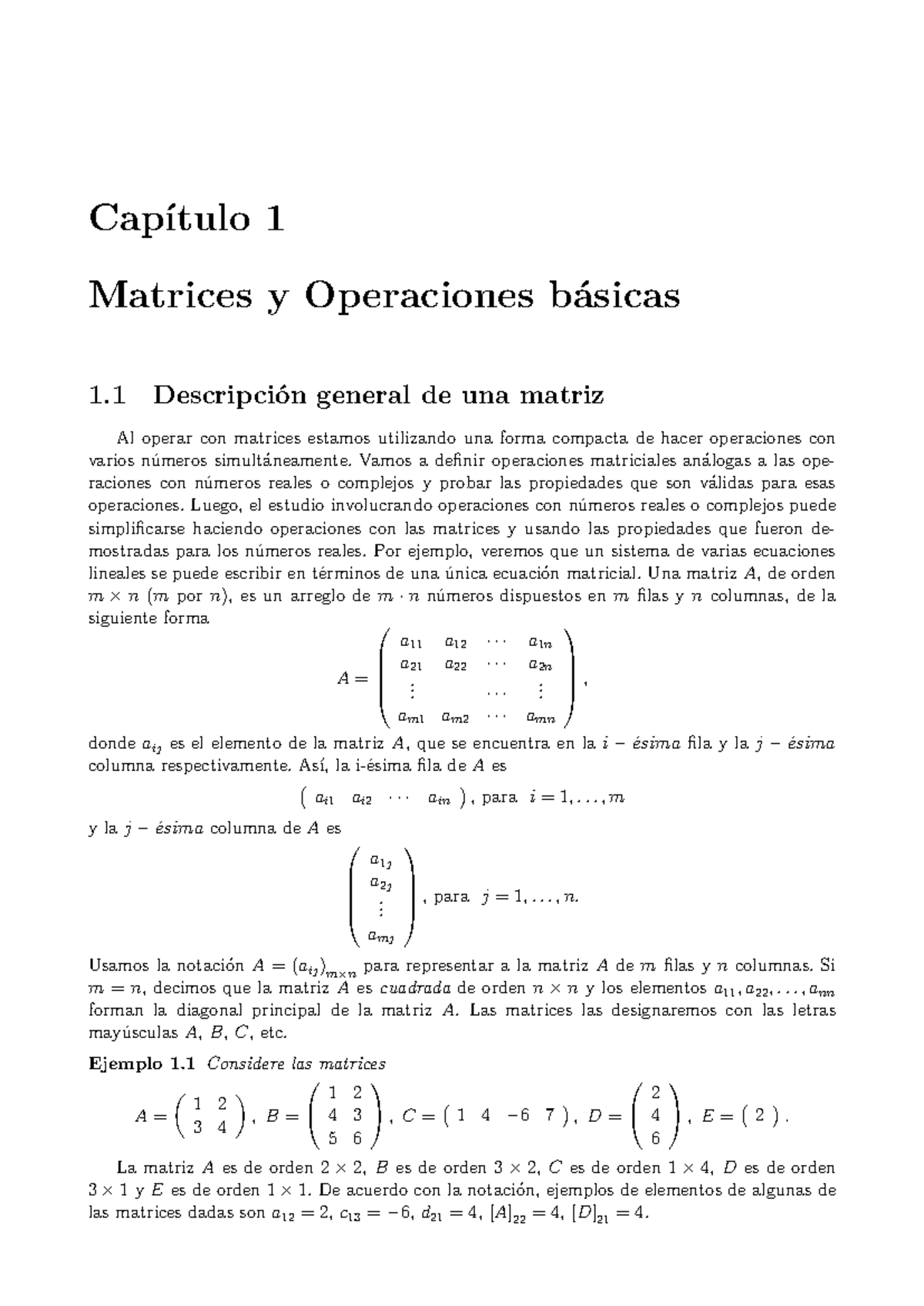 Algebra matricial - Teoría, hasta factorización LU - Capítulo 1 Matrices y Operaciones básicas 1 ...