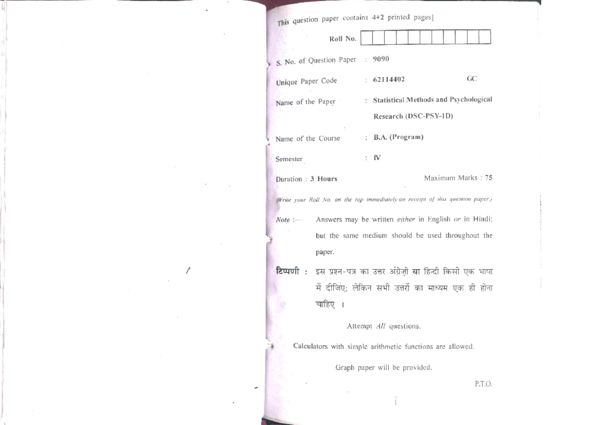 Psy pyqp 2 - previous year question paper for practice - Statistical ...