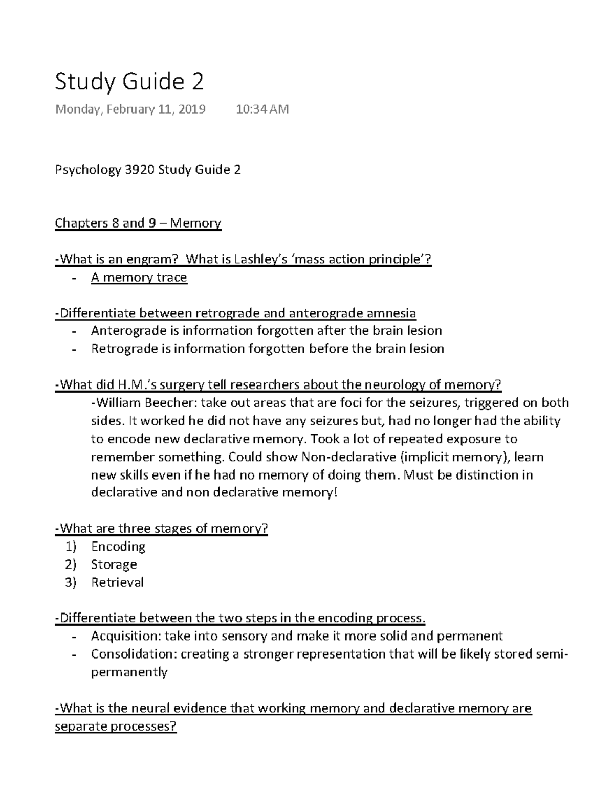 Cognitive Neuroscience Study Guide 2 - Study Guide 2 Monday, February ...