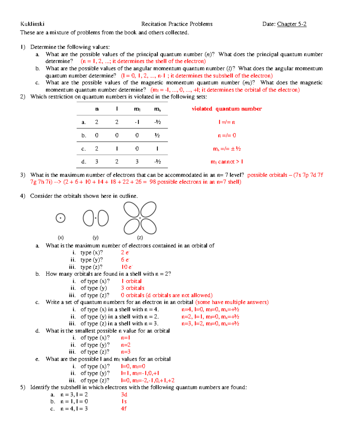 CHEM 101 Chapter 5-2 Practice Problems - Key - Kuklinski Recitation ...