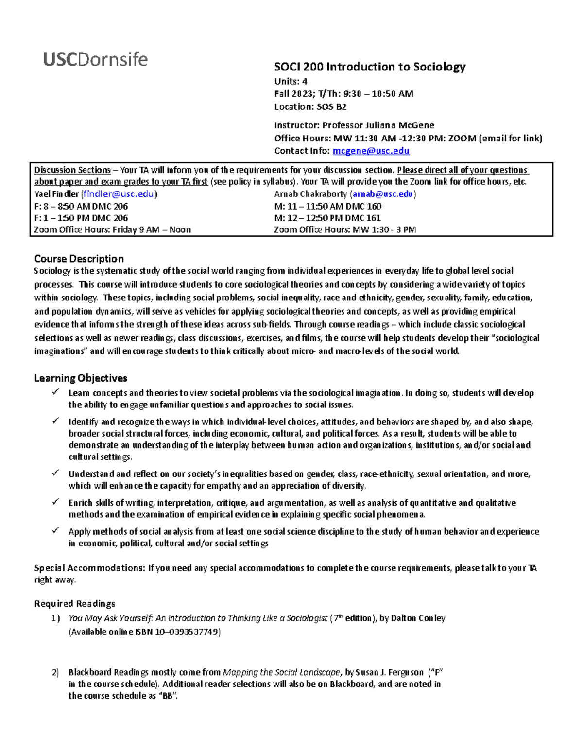 Mc Gene Introduction to Sociology Syllabus Fall 2023 - SOCI 200 ...