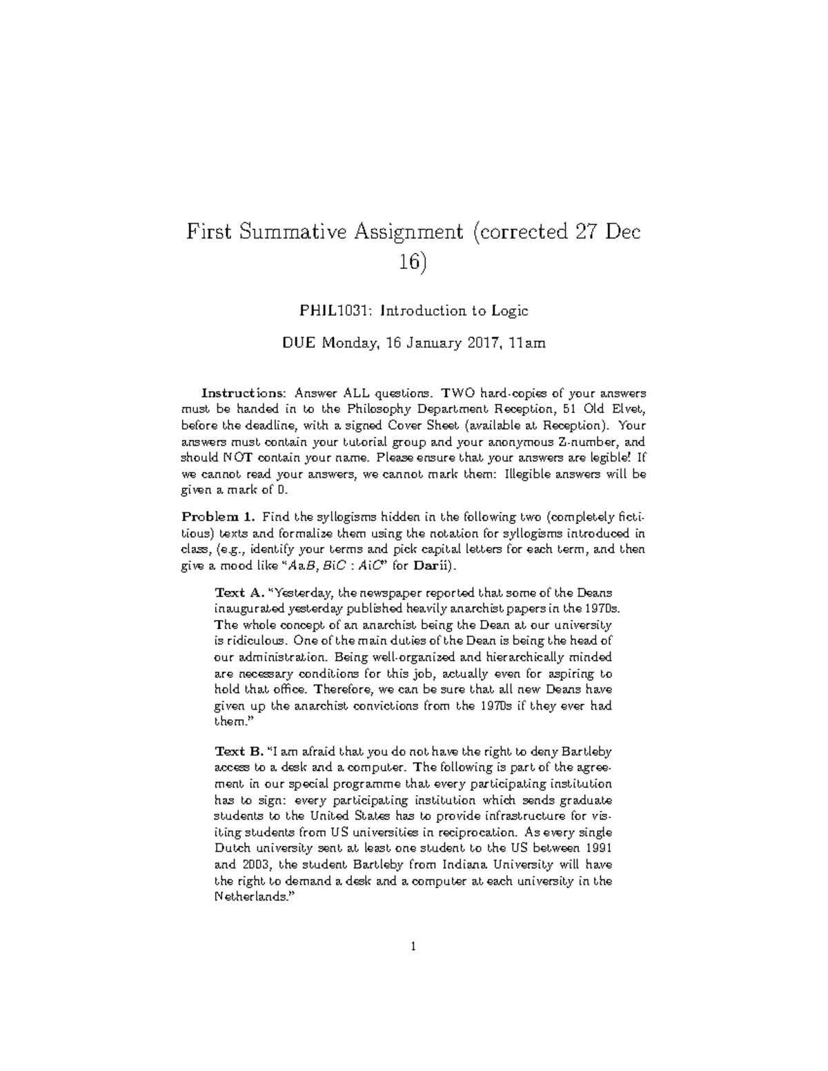 Summative 1 - First Summative Assignment (corrected 27 Dec 16) PHIL1031 ...
