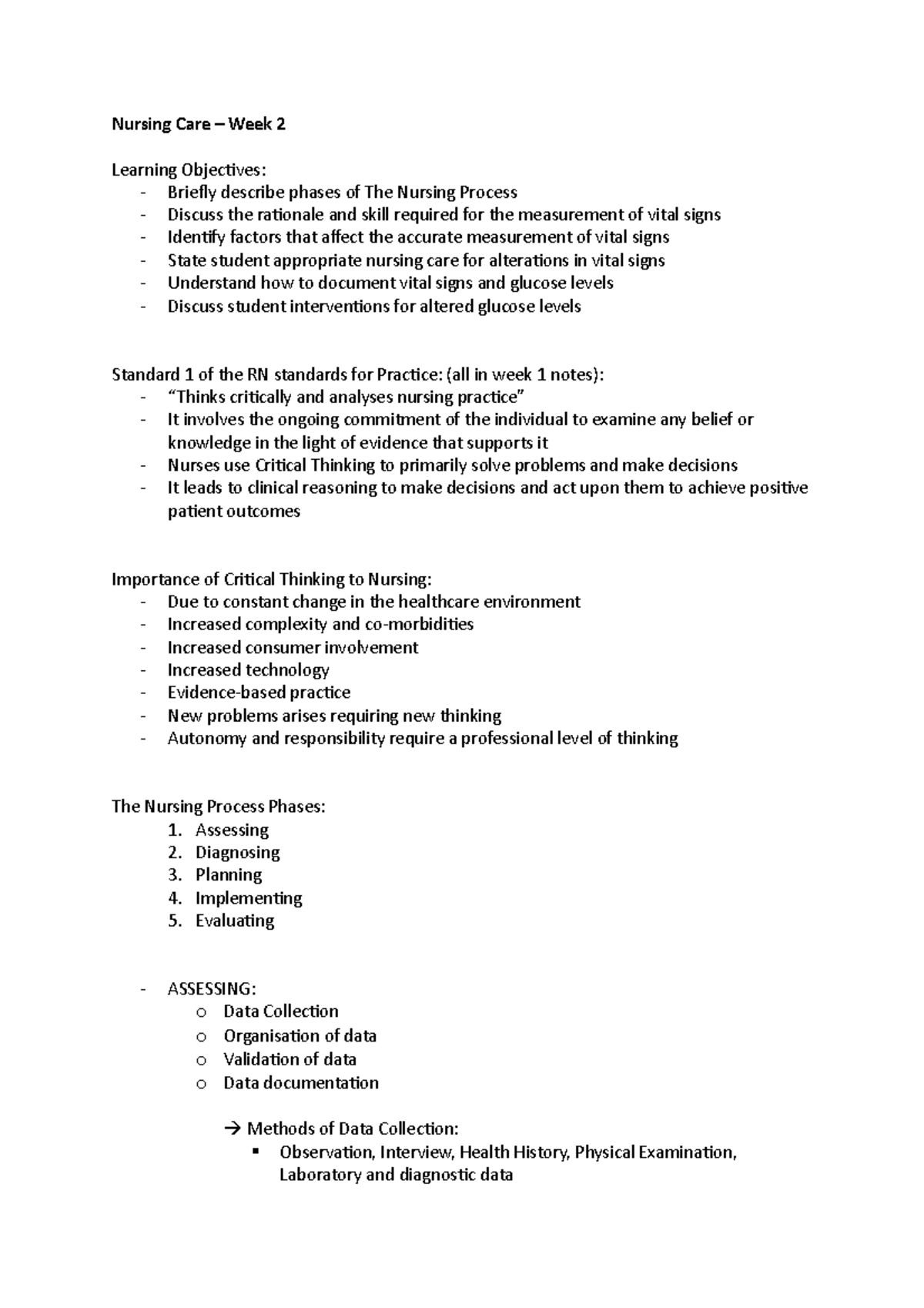 Notes WEEK 2 - the nursing process - Nursing Care – Week 2 Learning ...