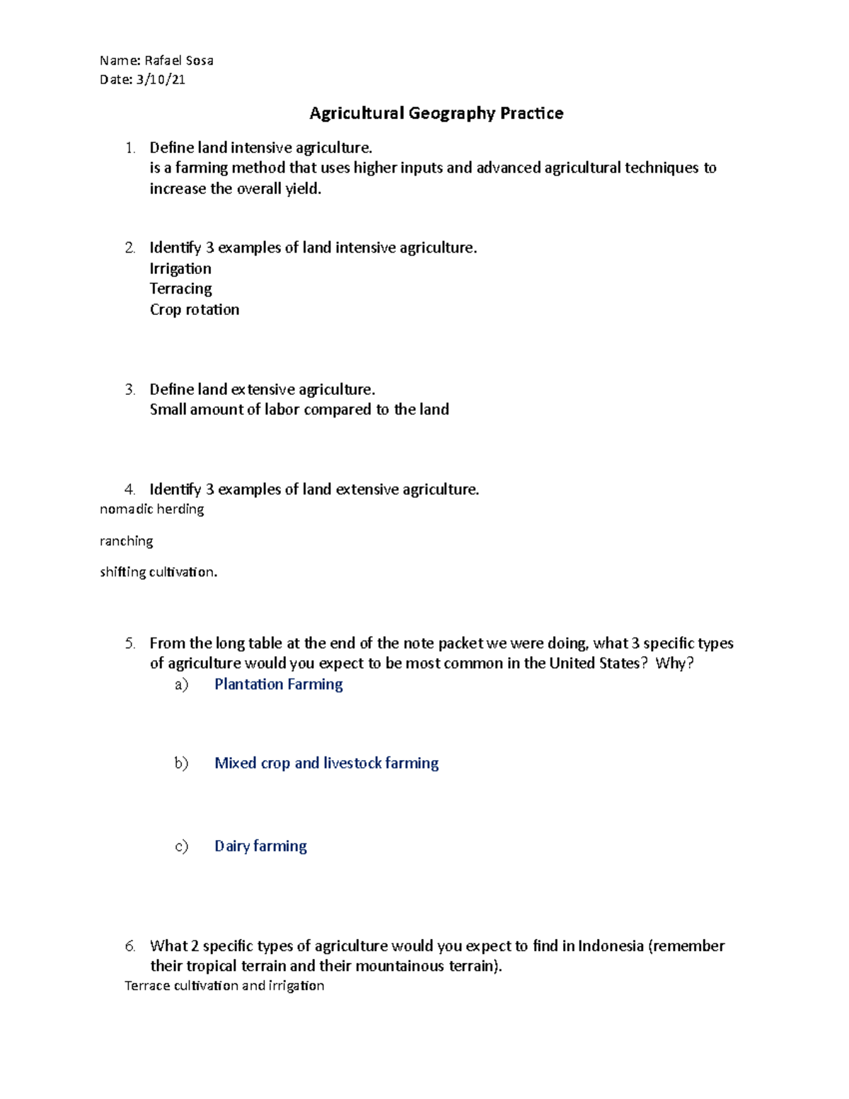 Lesson 3. Agricultural Geography Practice - Name: Rafael Sosa Date: 3 ...