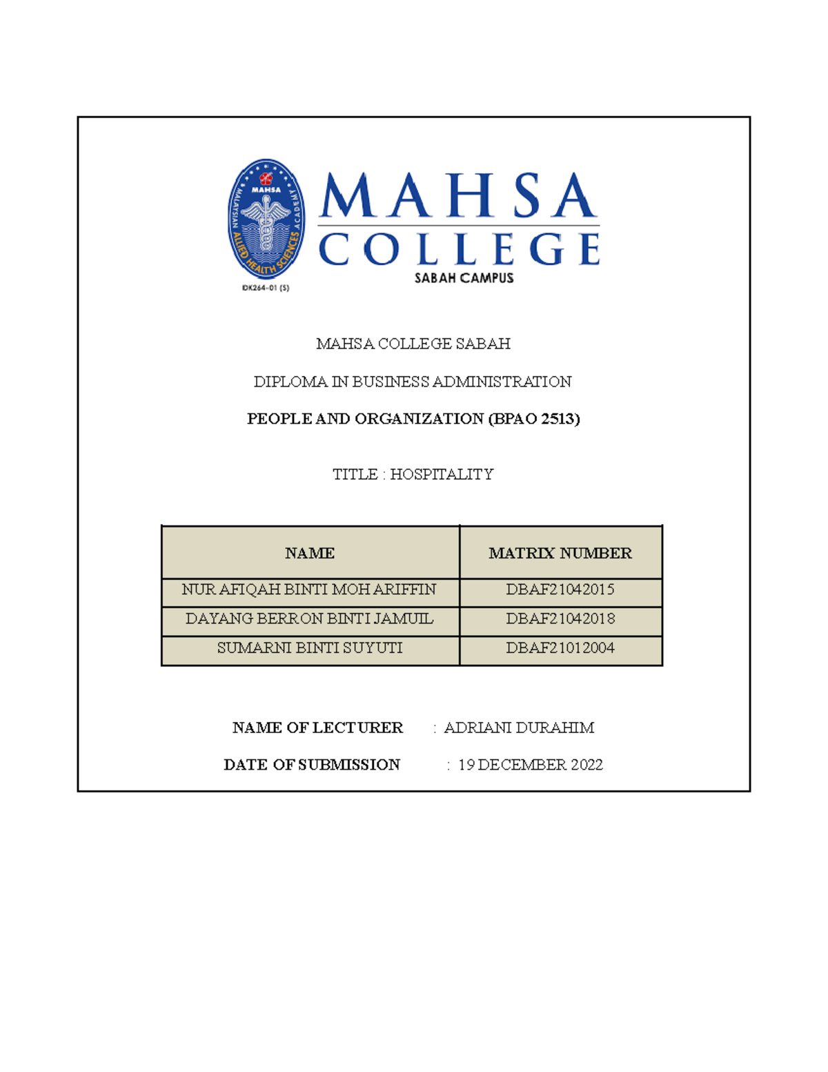 Report BPAO - MAHSA COLLEGE SABAH DIPLOMA IN BUSINESS ADMINISTRATION ...
