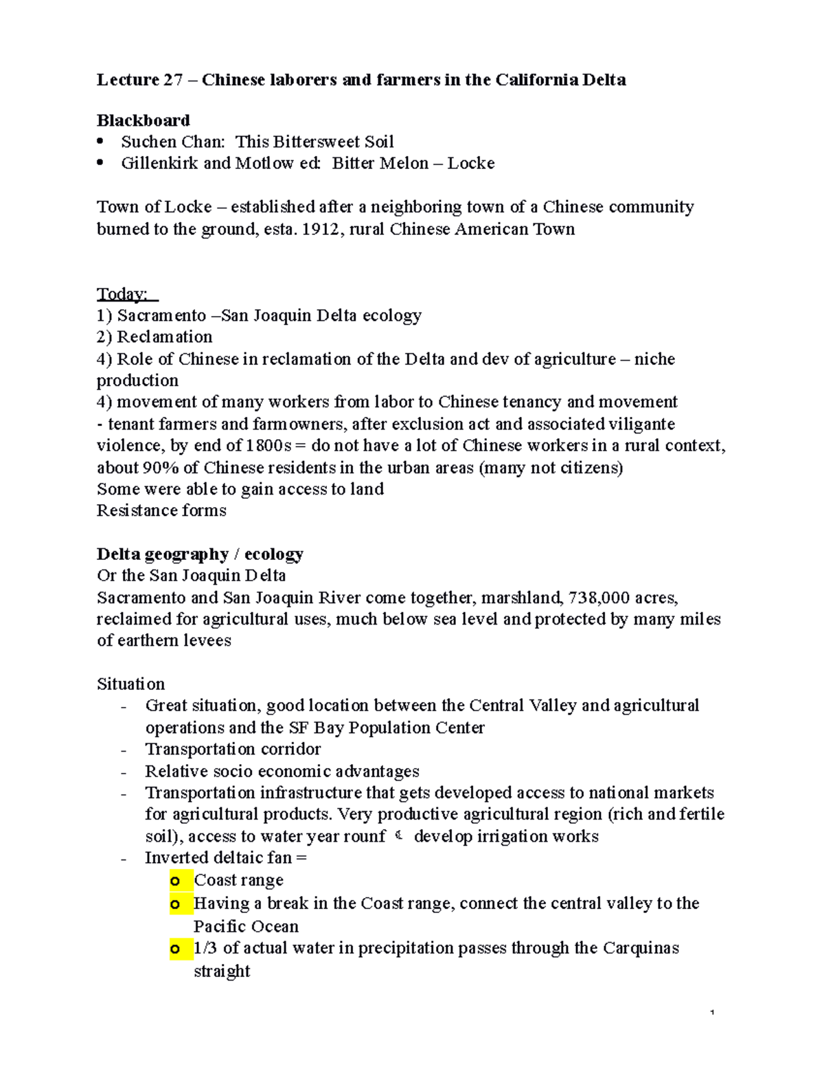 Lecture 27 Chinese Laborers and Farmers in the CA Delta - Lecture 27 – Chinese laborers and ...