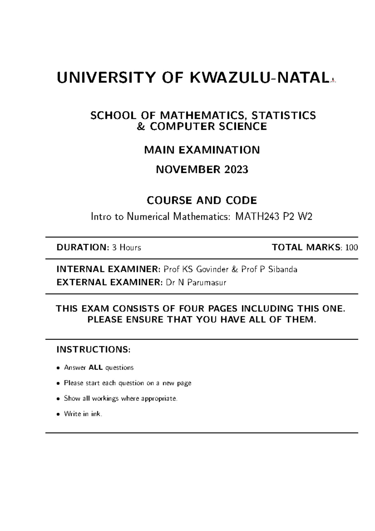 Math243PW Main Exam Nov 2023[12] - UNIVERSITY OF KWAZULU-NATAL SCHOOL OF MATHEMATICS, STATISTICS ...