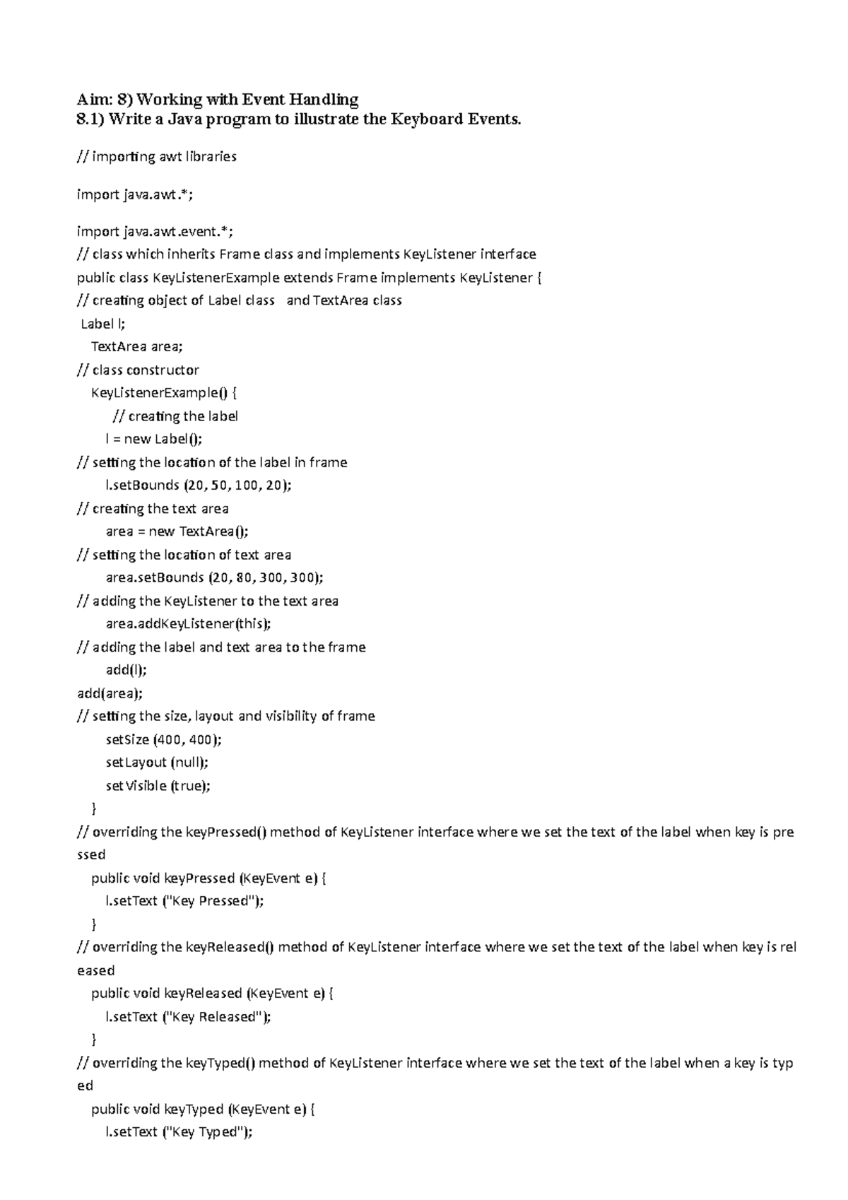Java Exp 89 Aim 8 Working With Event Handling 8 Write A Java Program To Illustrate The