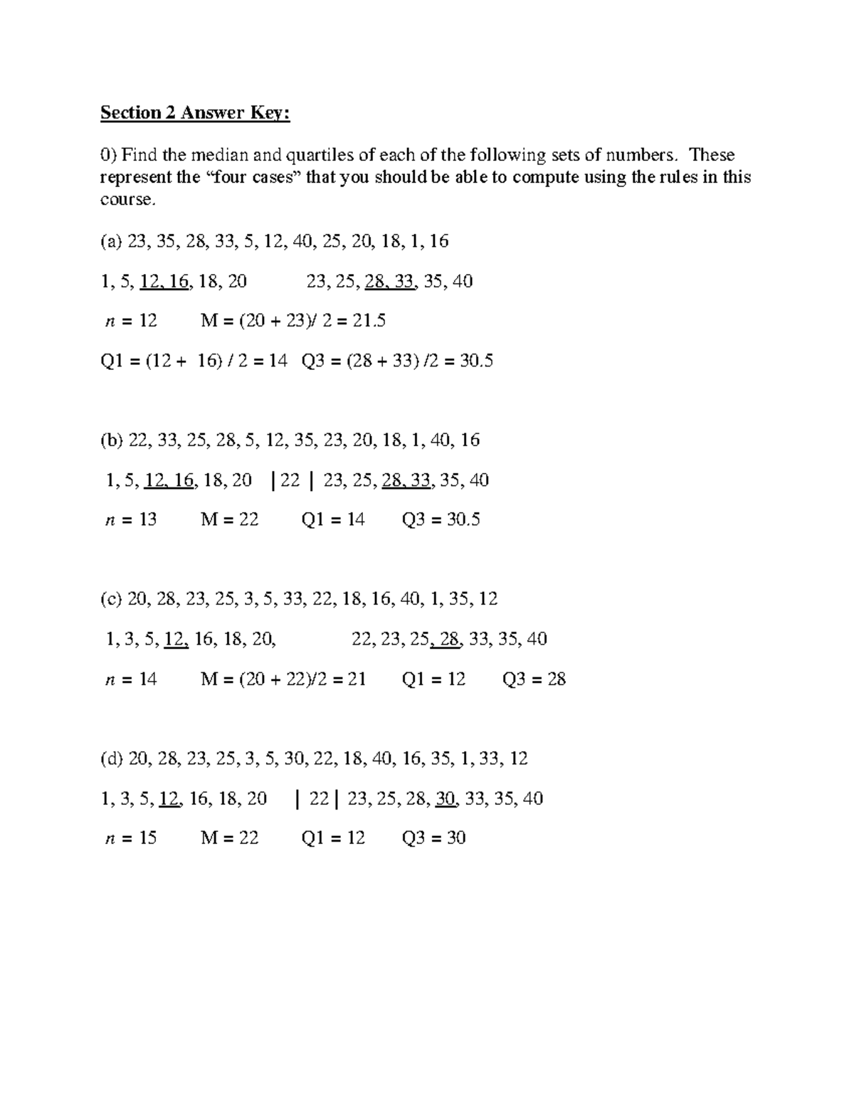 Section 02 answerkey - ...... - Section 2 Answer Key: Find the median ...