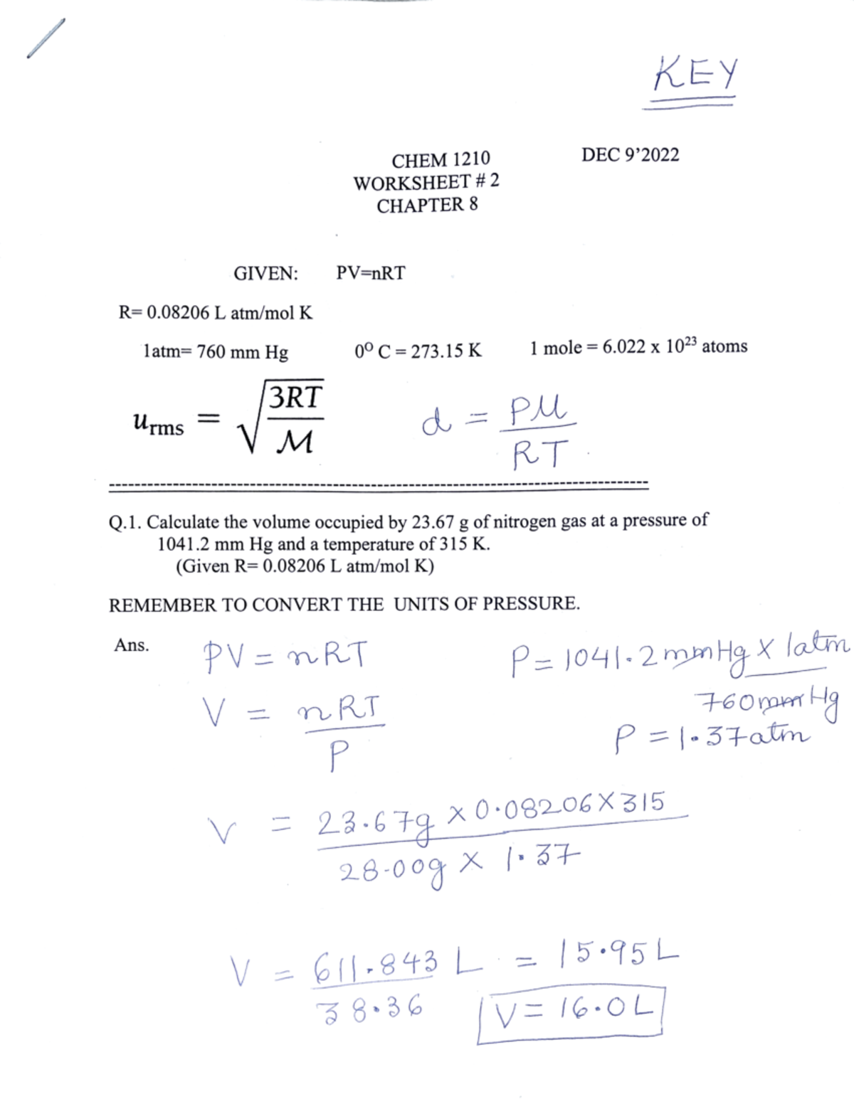 Worksheet #2 Gases - CHEM.1210 - Studocu