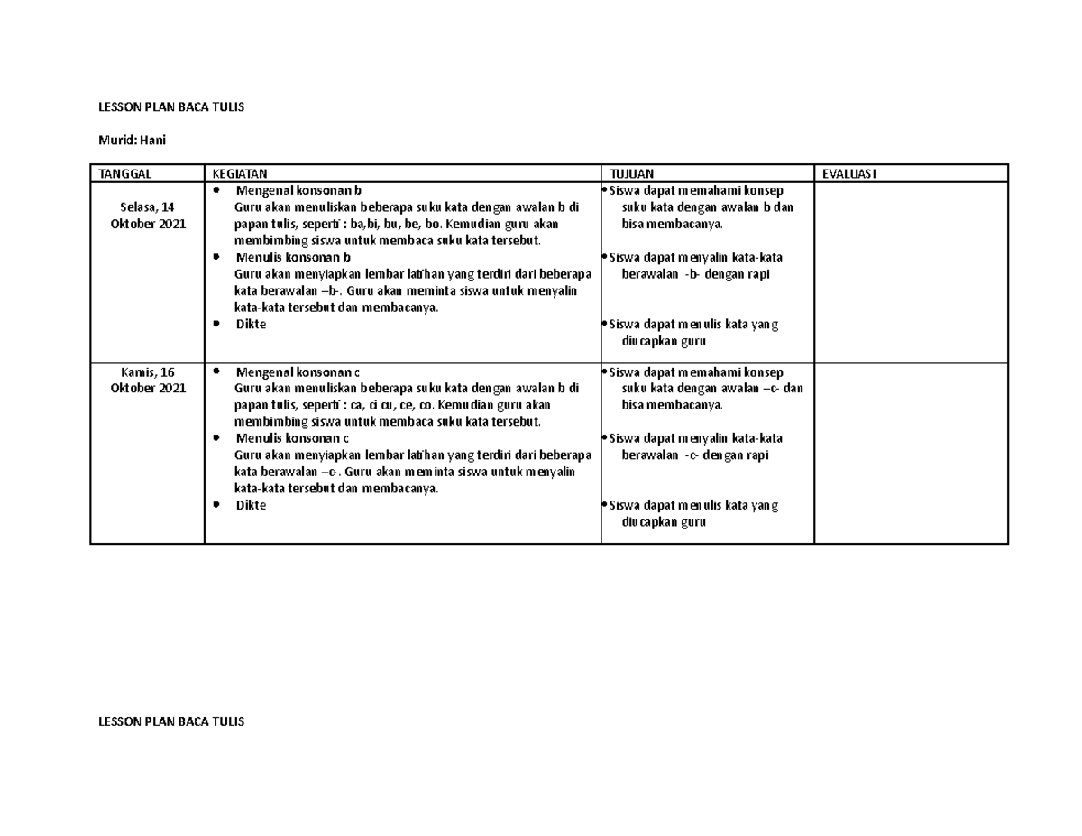 Lesson Plan Baca Tulis Playgroup - LESSON PLAN BACA TULIS Murid: Hani ...