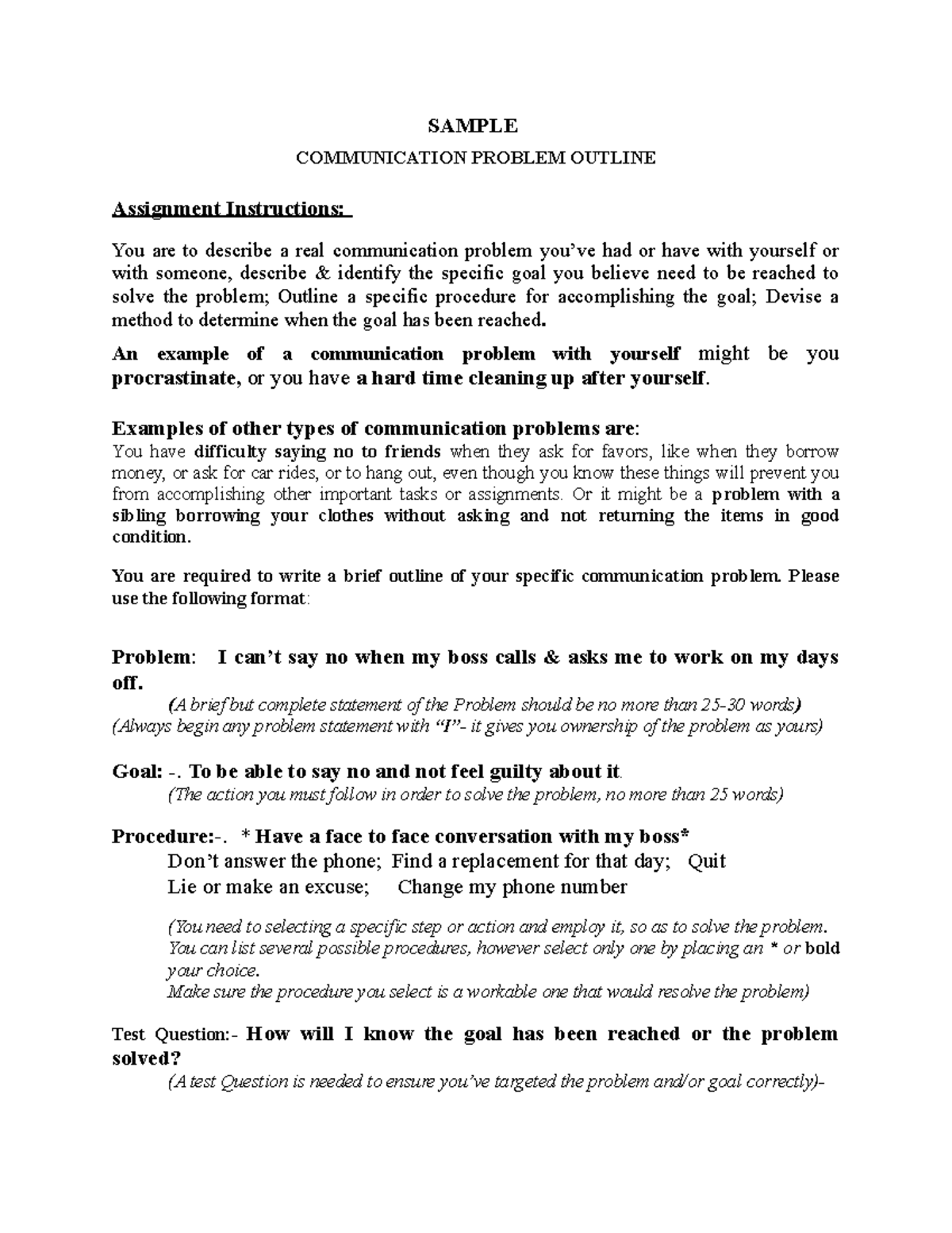 COM PBLM Sample - SAMPLE COMMUNICATION PROBLEM OUTLINE Assignment ...