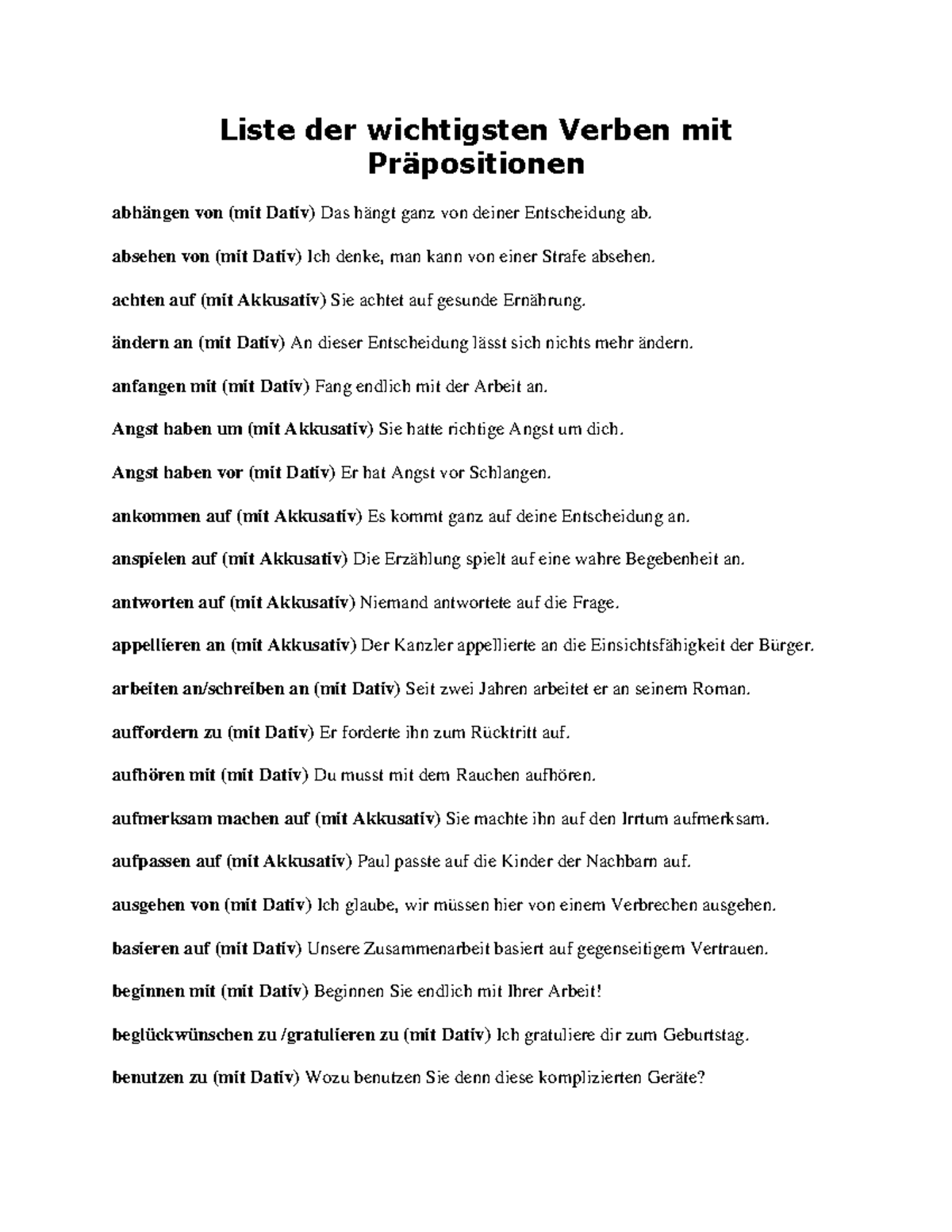 Verben Mit Prapositionen - Liste der wichtigsten Verben mit ...