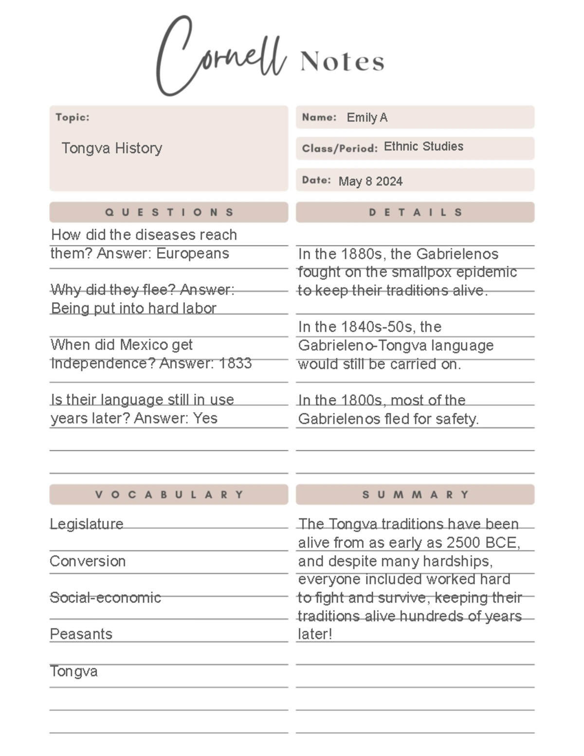 Cornell Notes Unit 2b Lesson 2 - Tongva History In the 1880s, the ...