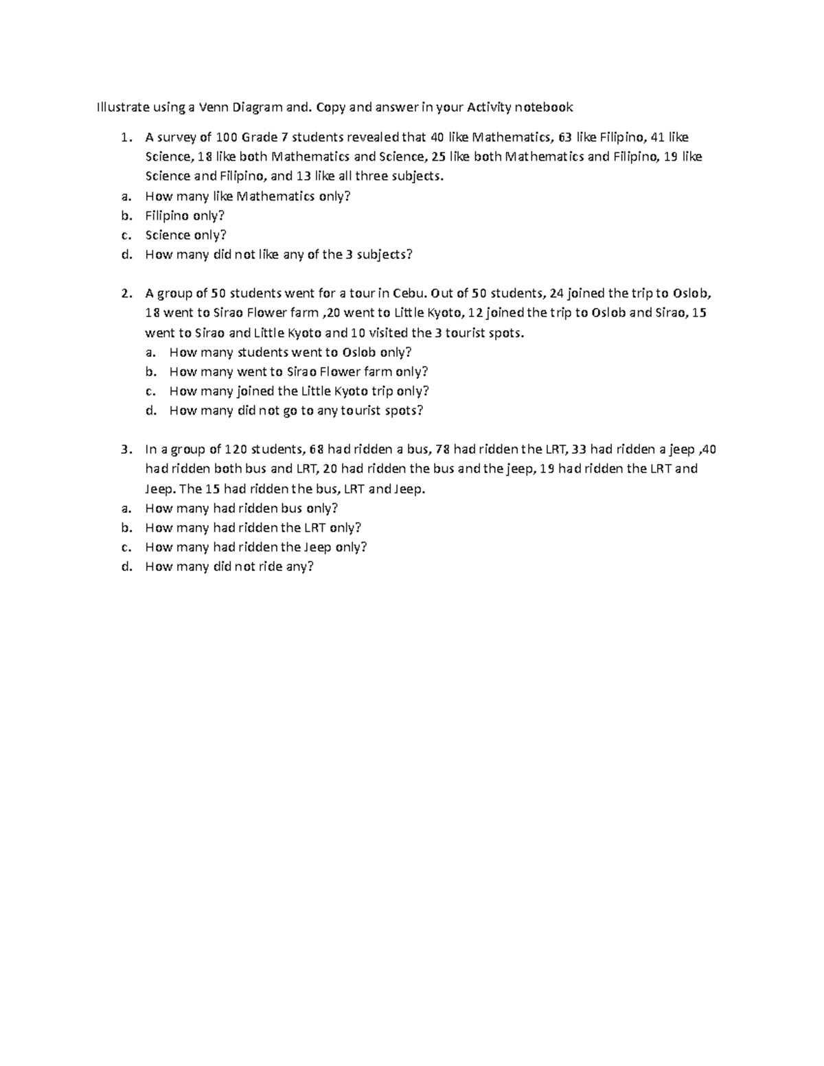 Illustrate using a Venn Diagram and SOlve - Copy and answer in your ...