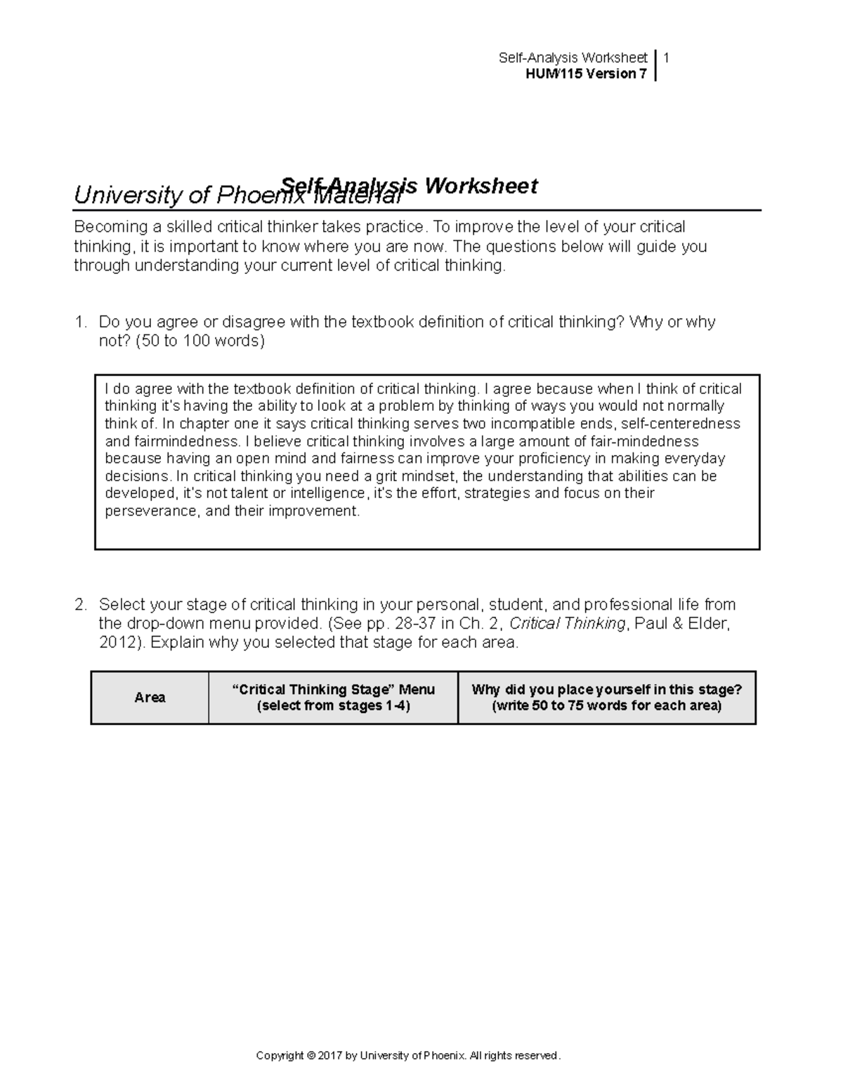 Hum115 r7 self-analysis worksheet - HUM/115 Version 7 Self-Analysis ...