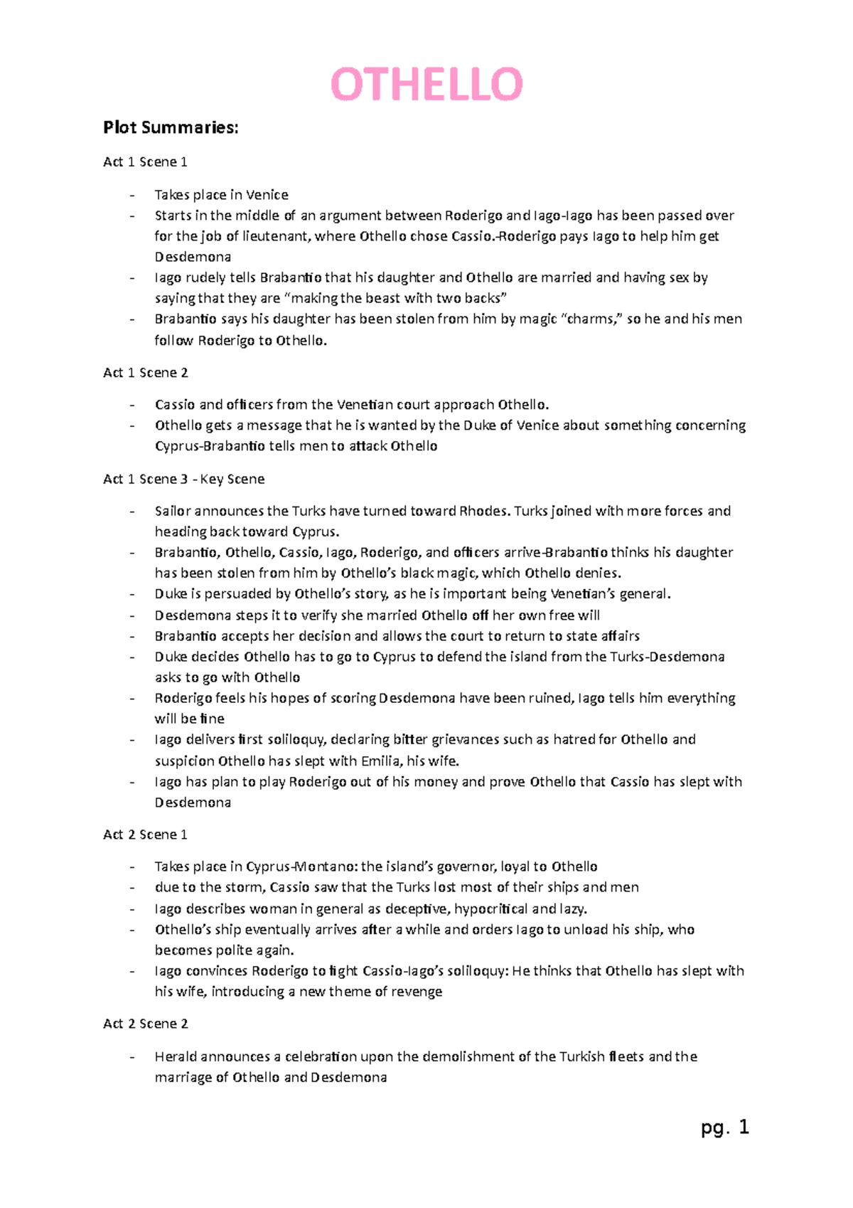 11 ENA01 - Othello Revision Notes - Plot Summaries: Act 1 Scene 1 Takes ...