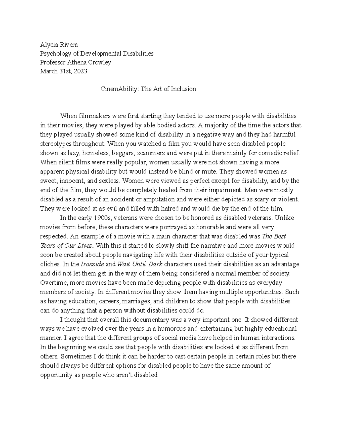 March 31st Homework - Alycia Rivera Psychology of Developmental ...