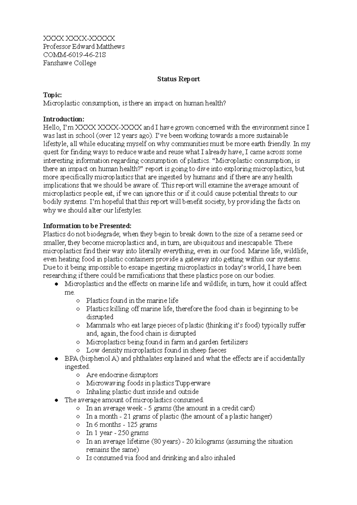 Sample Status Report - XXXX XXXX-XXXXX Professor Edward Matthews COMM ...