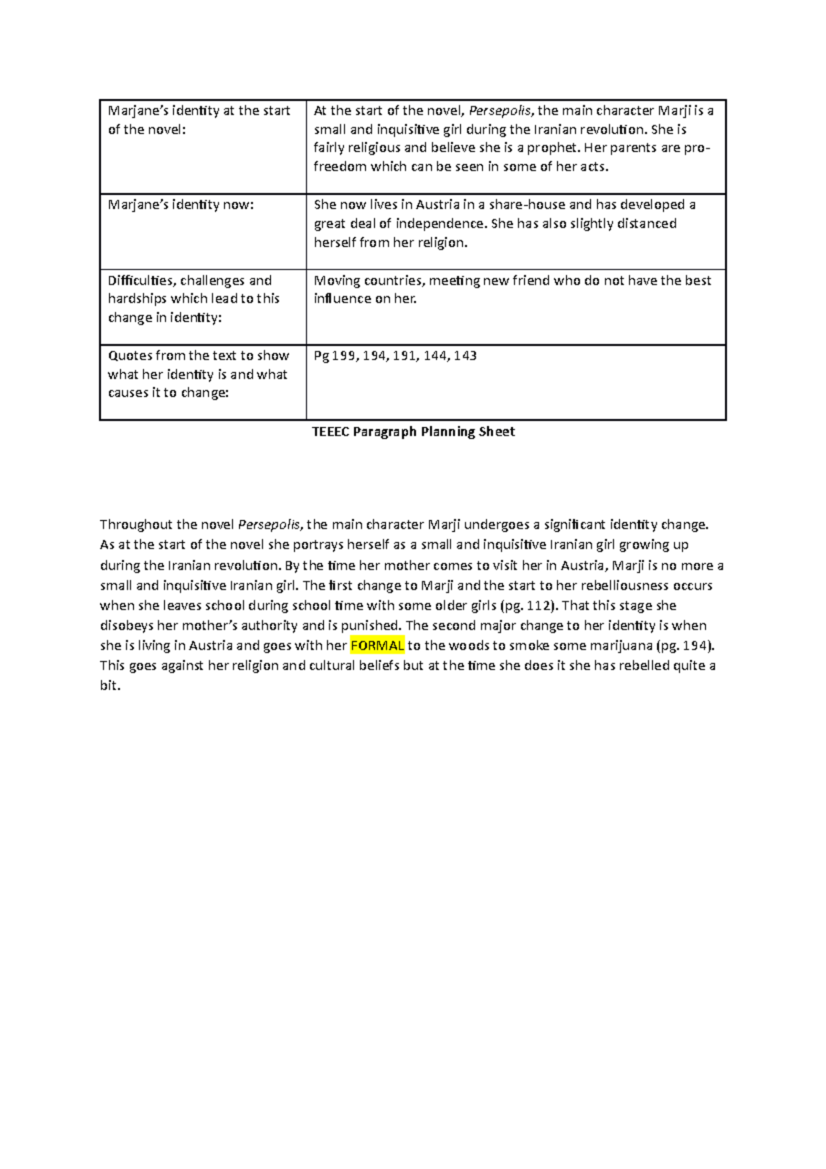 Teeec Paragraph Planning Sheet - Marjane’s identity at the start of the ...