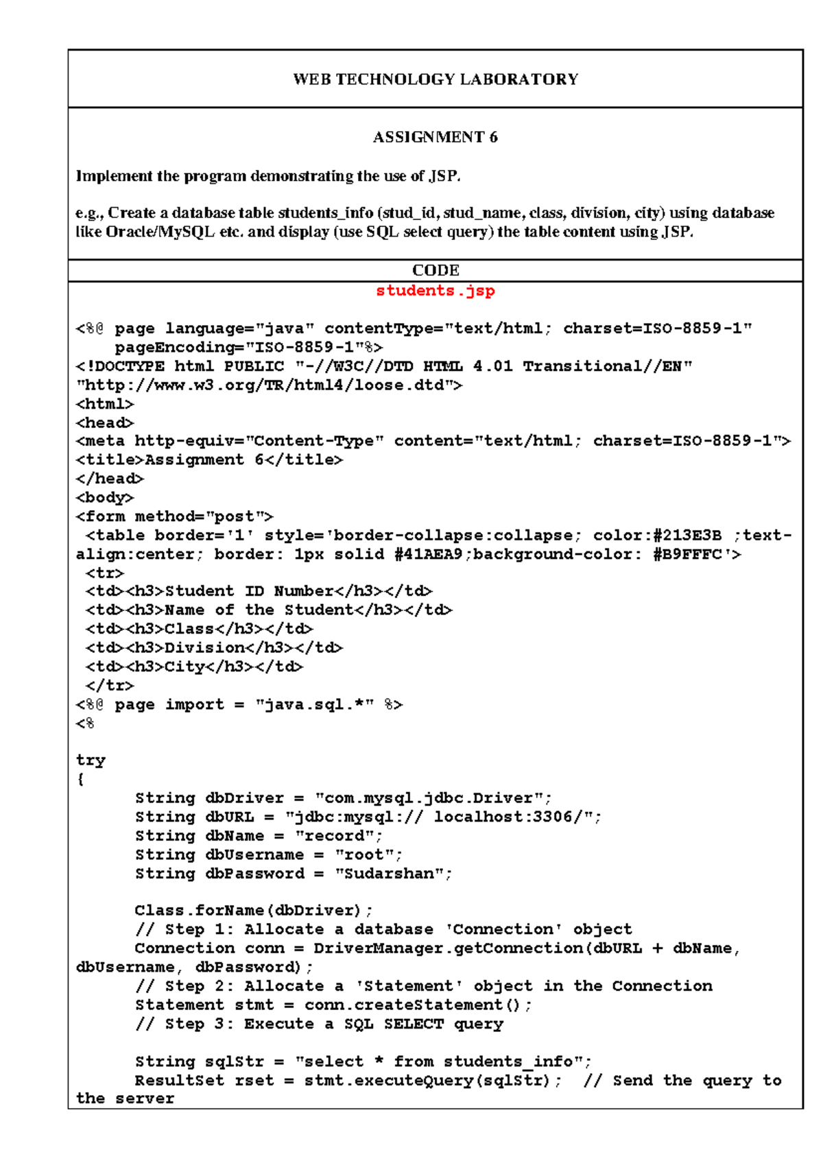 305B054 WTL A6 - Ass6 - WEB TECHNOLOGY LABORATORY ASSIGNMENT 6 Implement the program ...