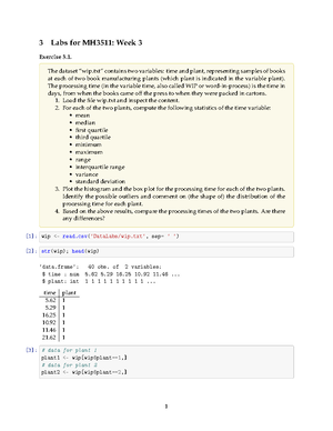 Lab 1 solutions - 1 Labs for MH3511: Week 1 Exercise 1. R can be used as a calculator. Make sure ...